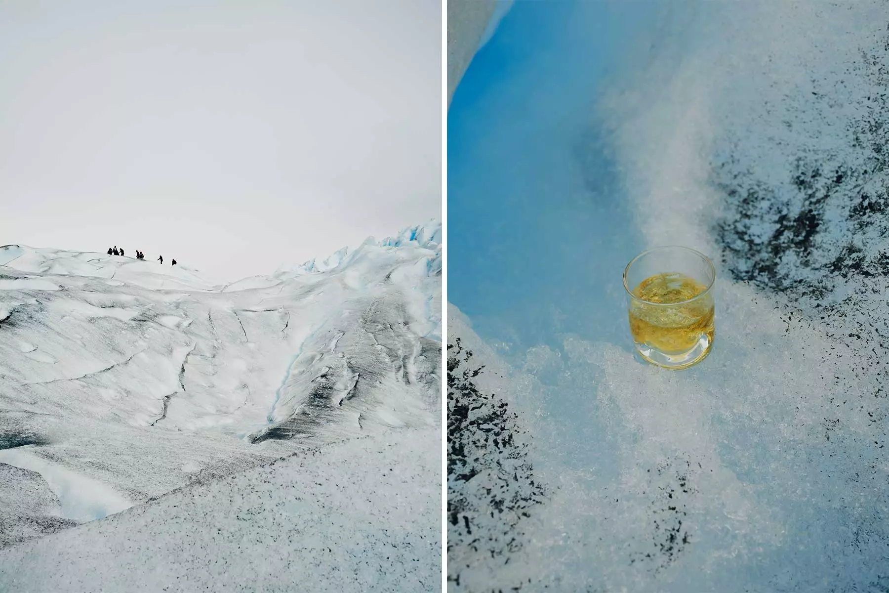 Dúas fotos do glaciar Perito Moreno, incluíndo excursionistas escalando o xeo, e unha foto de detalle de scotch sobre rochas feitas con xeo do glaciar