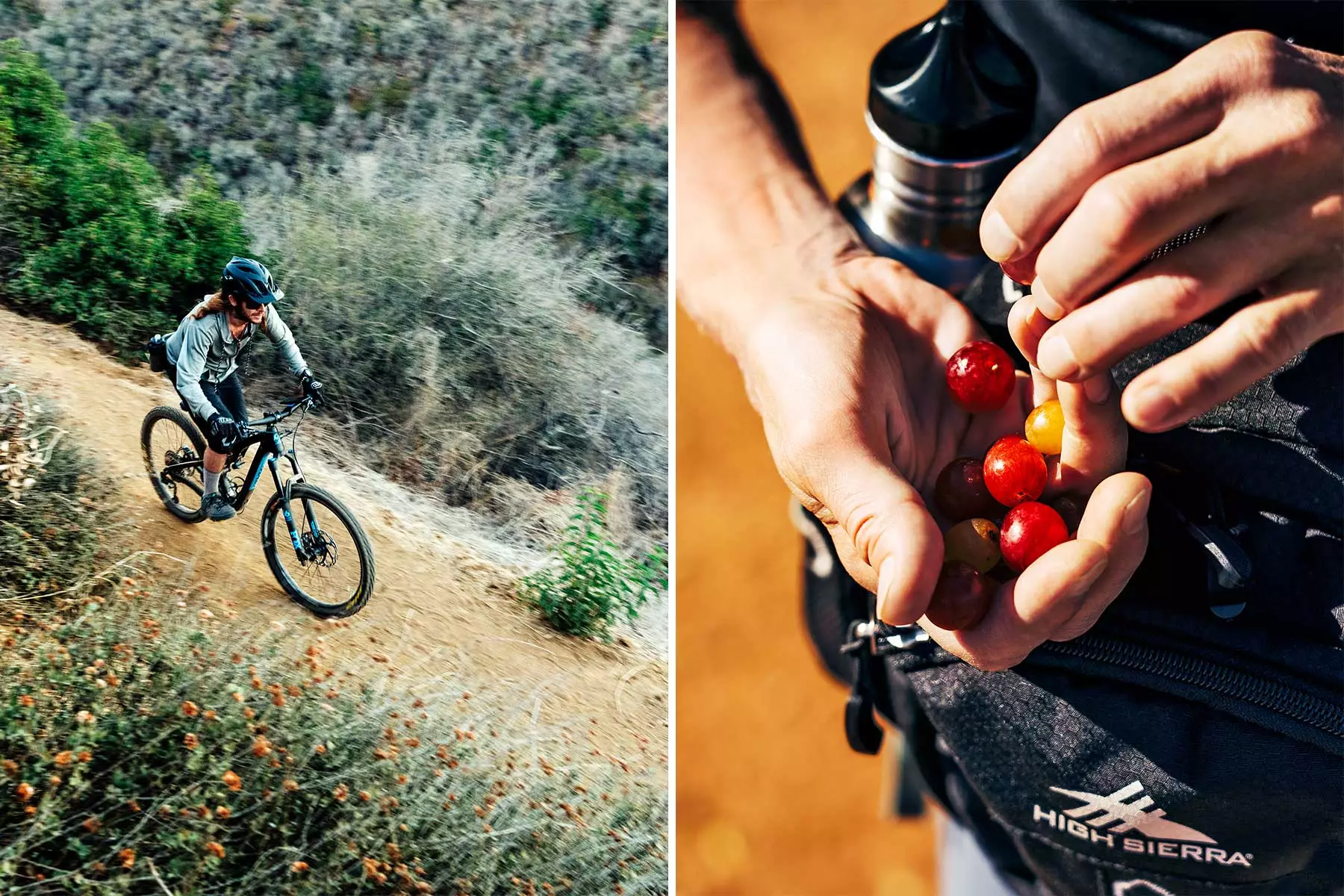 Dua poto ti LA's Backbone Trail, kalebet sapédah gunung anu mudun dina jalur éta, sareng saurang pendaki anu ngemil anggur.