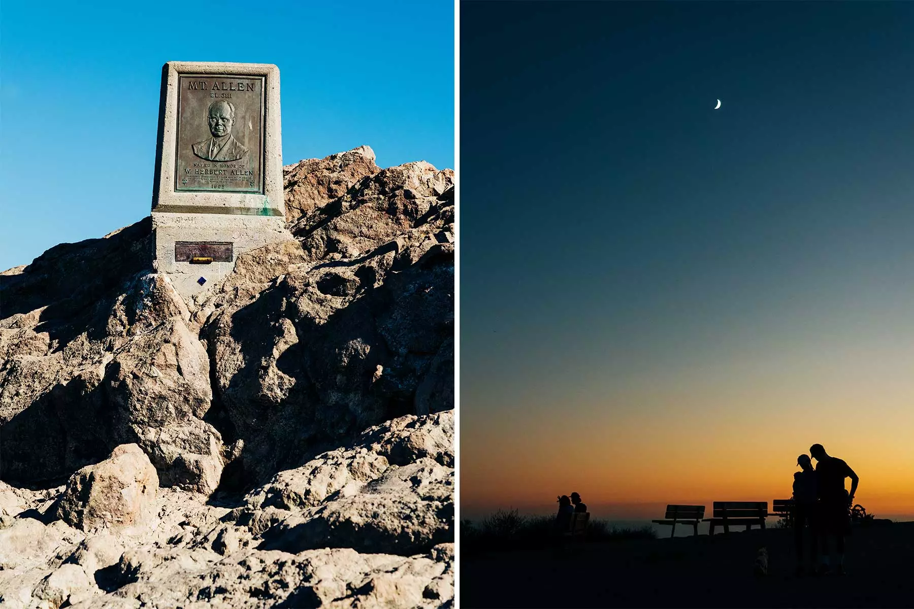 De foto's van California's Backbone Trail, inclusief de top van Sandstone Peak, en mensen in silhouet tegen de zonsondergang bij Inspiration Point