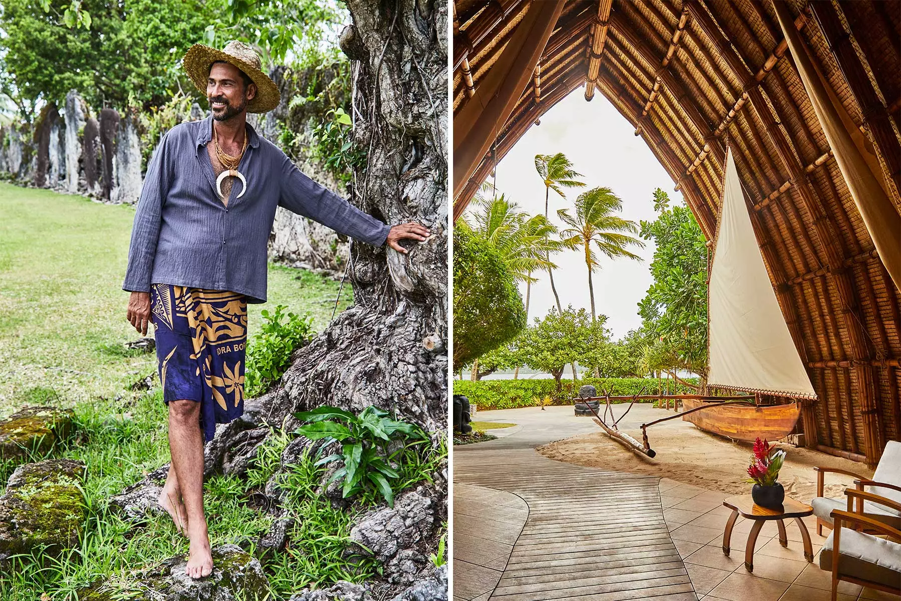 Izithombe ezimbili ezisuka e-French Polynesia, ezibonisa i-Tahiarii Yoram Pariente yasendaweni, nendawo yokwamukela izivakashi e-Le Taha'a resort