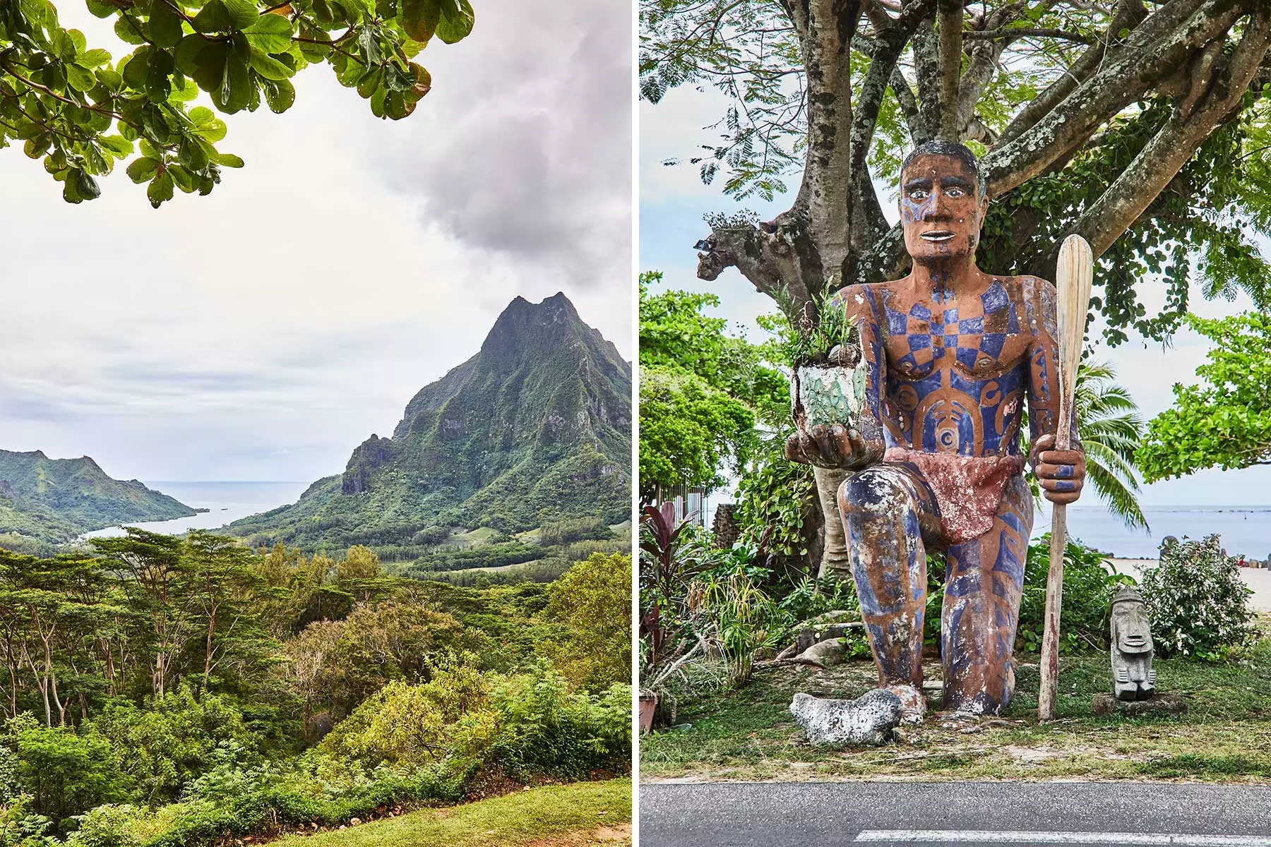 風光明媚な展望台と彫像を示すモーレア島の写真のペア