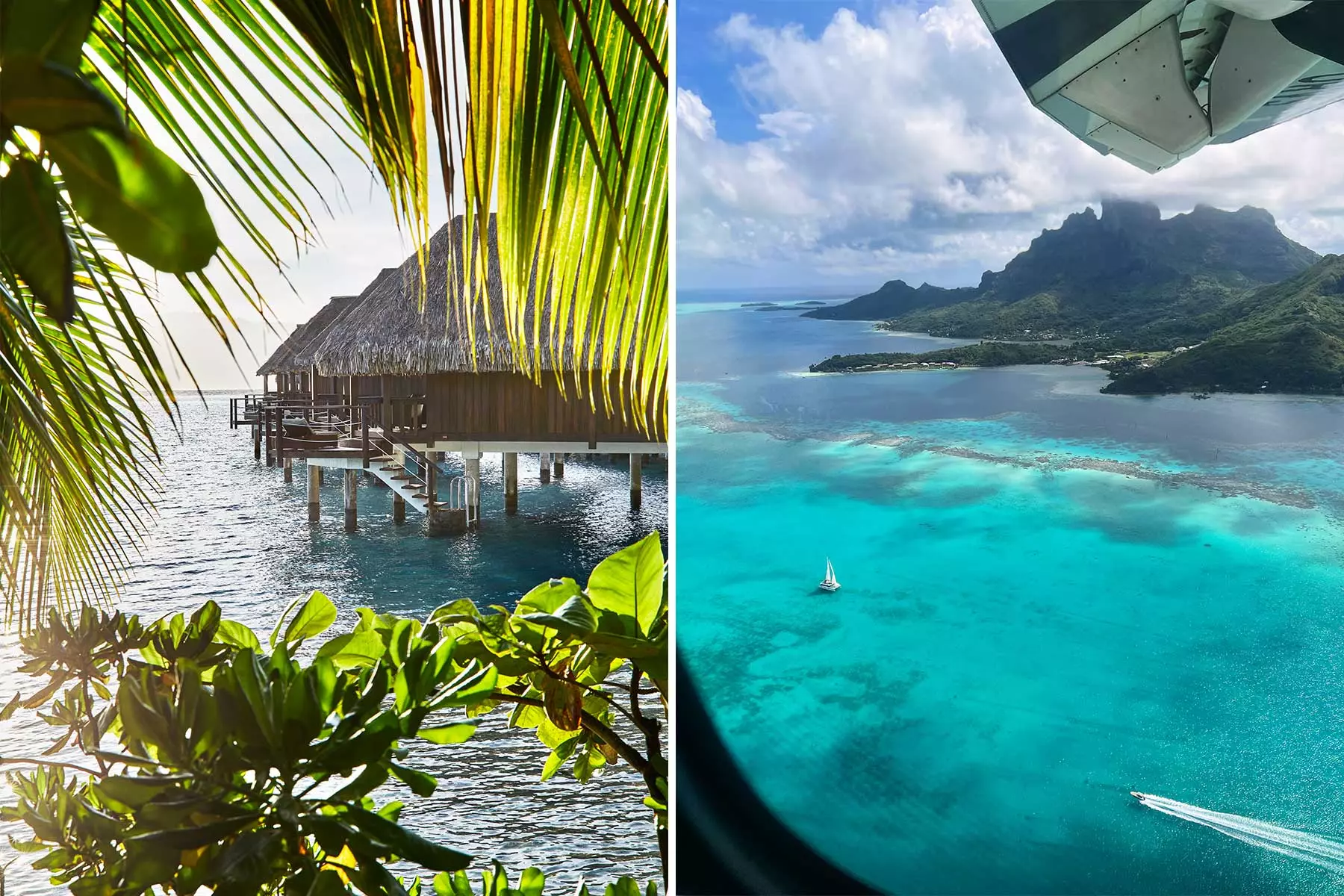 Izithombe ezimbili ezisuka e-French Polynesia ezibonisa ama-bungalows angaphezu kwamanzi e-Sofitel Moorea, kanye nokubuka okusemoyeni kwesiqhingi sase-Bora Bora