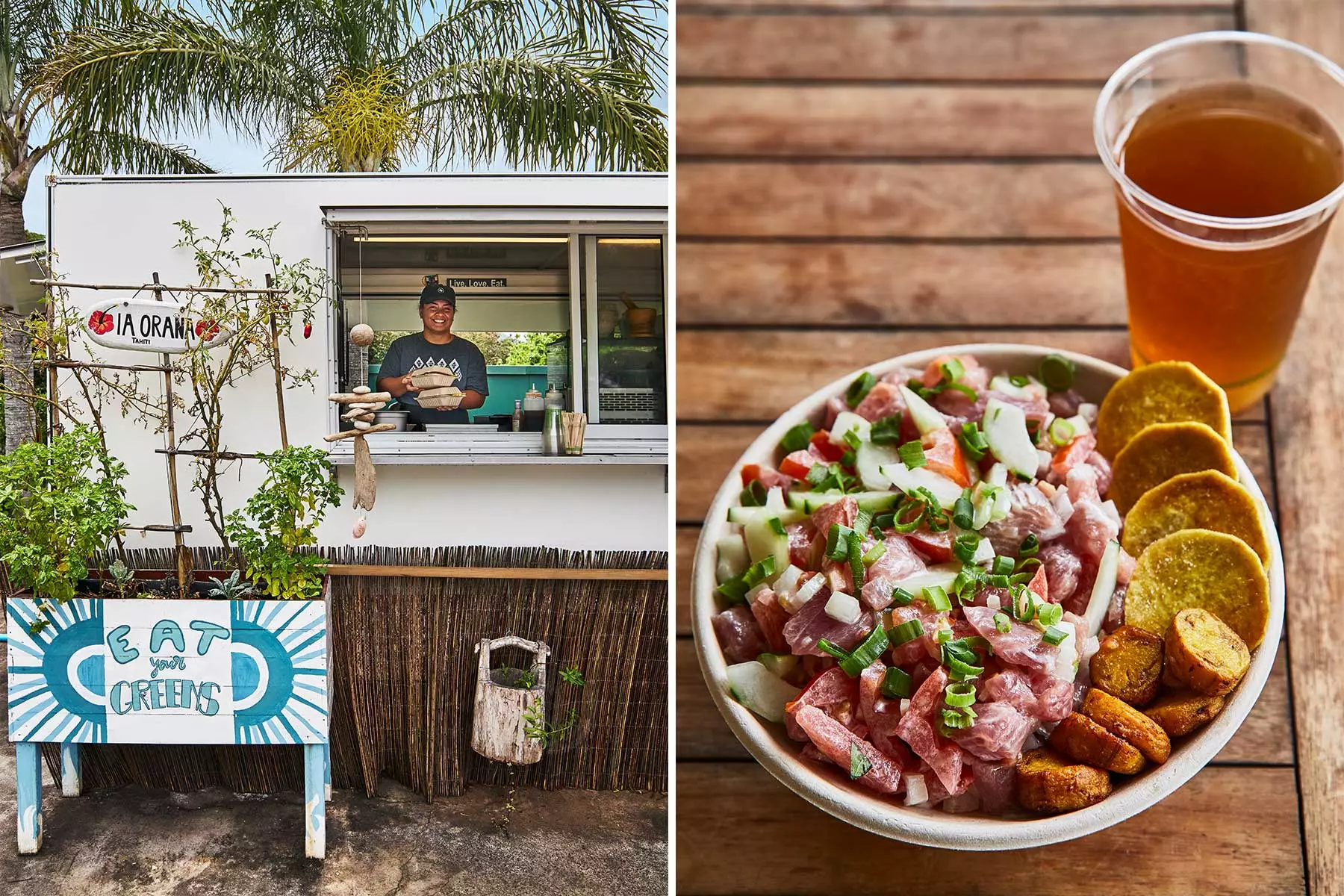 Pár fotó a Pura Vida food truck-ról Mooreán, a food truck ablakán és egy tál poisson cru-val