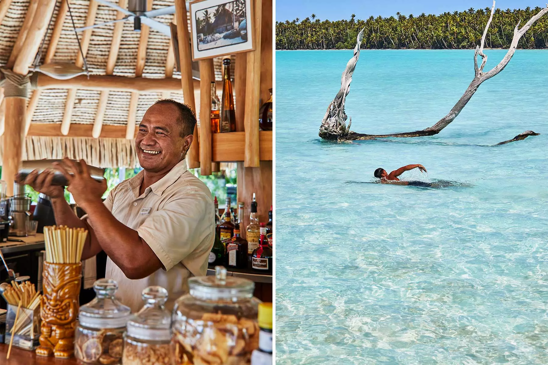 Izithombe ezimbili ezisuka endaweni yokungcebeleka kanokusho yaseBrando e-French Polynesia, ezibonisa umuntu ophuza utshwala, kanye nombhukudi emanzini aluhlaza.