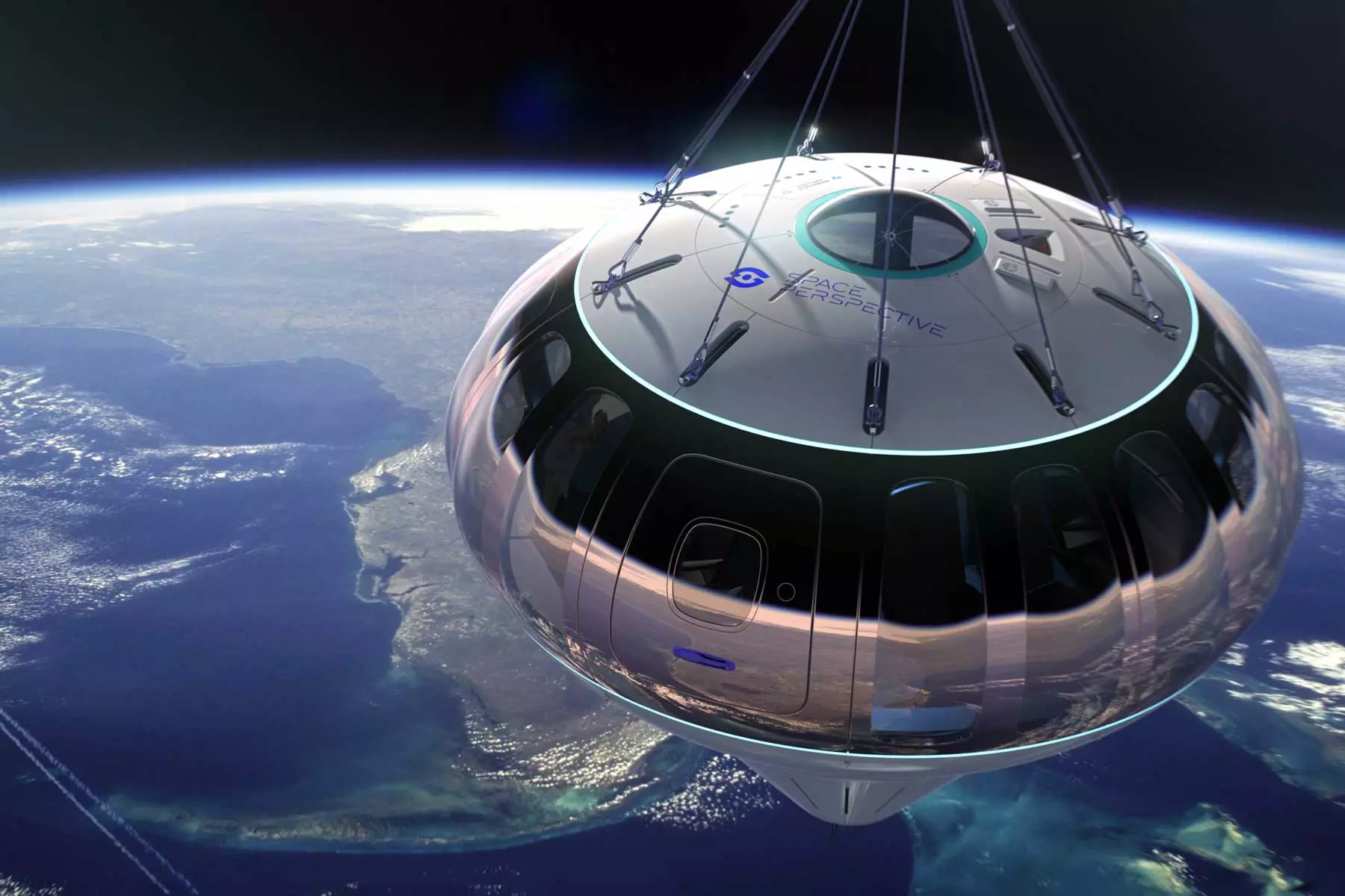 Space Perspective's Spaceship Neptune Lounge, renderings interior sareng exterior