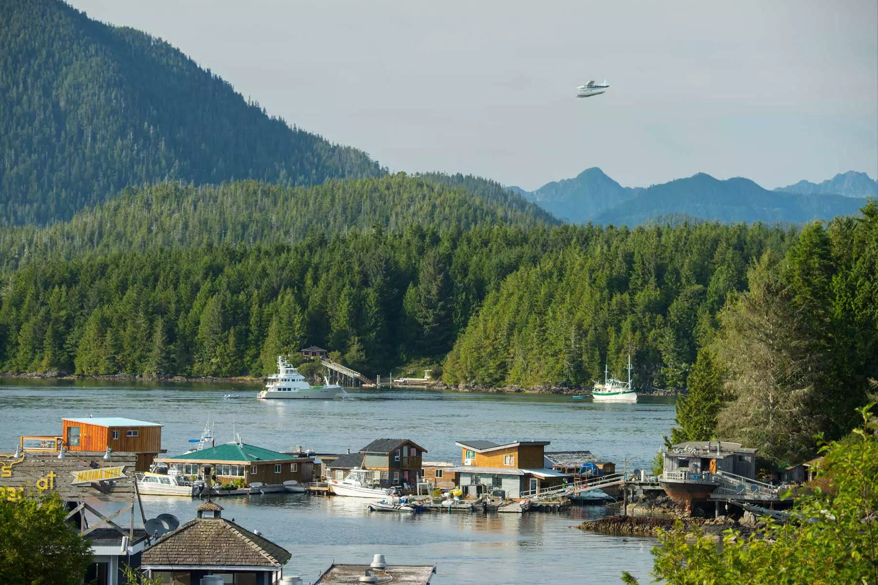 Mwonekano wa mandhari ya kuvutia wa nyumba za pwani na boti kando ya ufuo wa misonobari huko Tofino, Kanada.