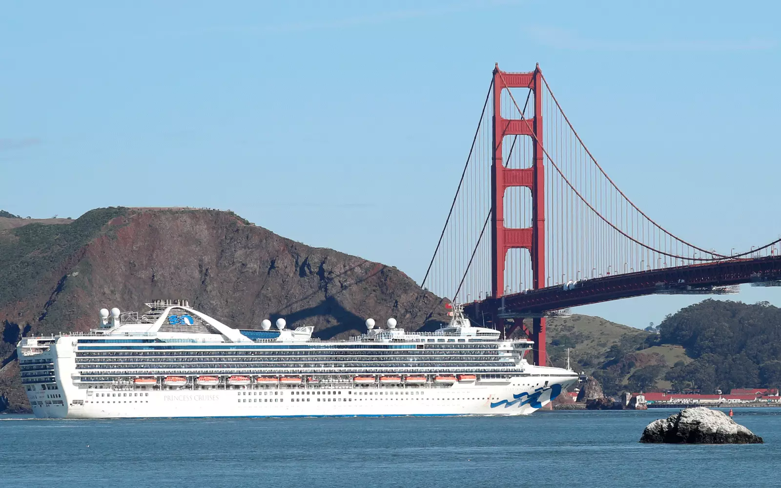 It mei coronavirus-troffen cruiseskip Grand Princess giet ûnder de Golden Gate Bridge troch.