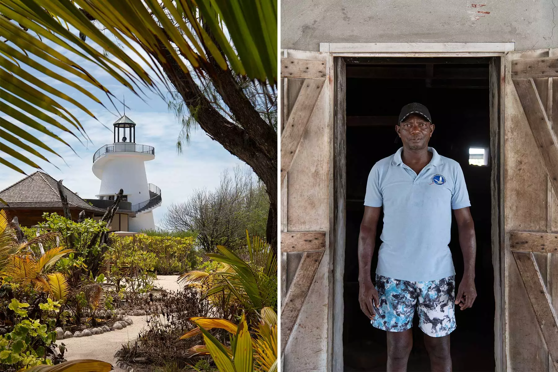 Dalawang larawan mula sa Seychelles, kabilang ang isang hugis parola na restaurant sa isang marangyang resort, at isang conservation ranger sa isla ng Desroches