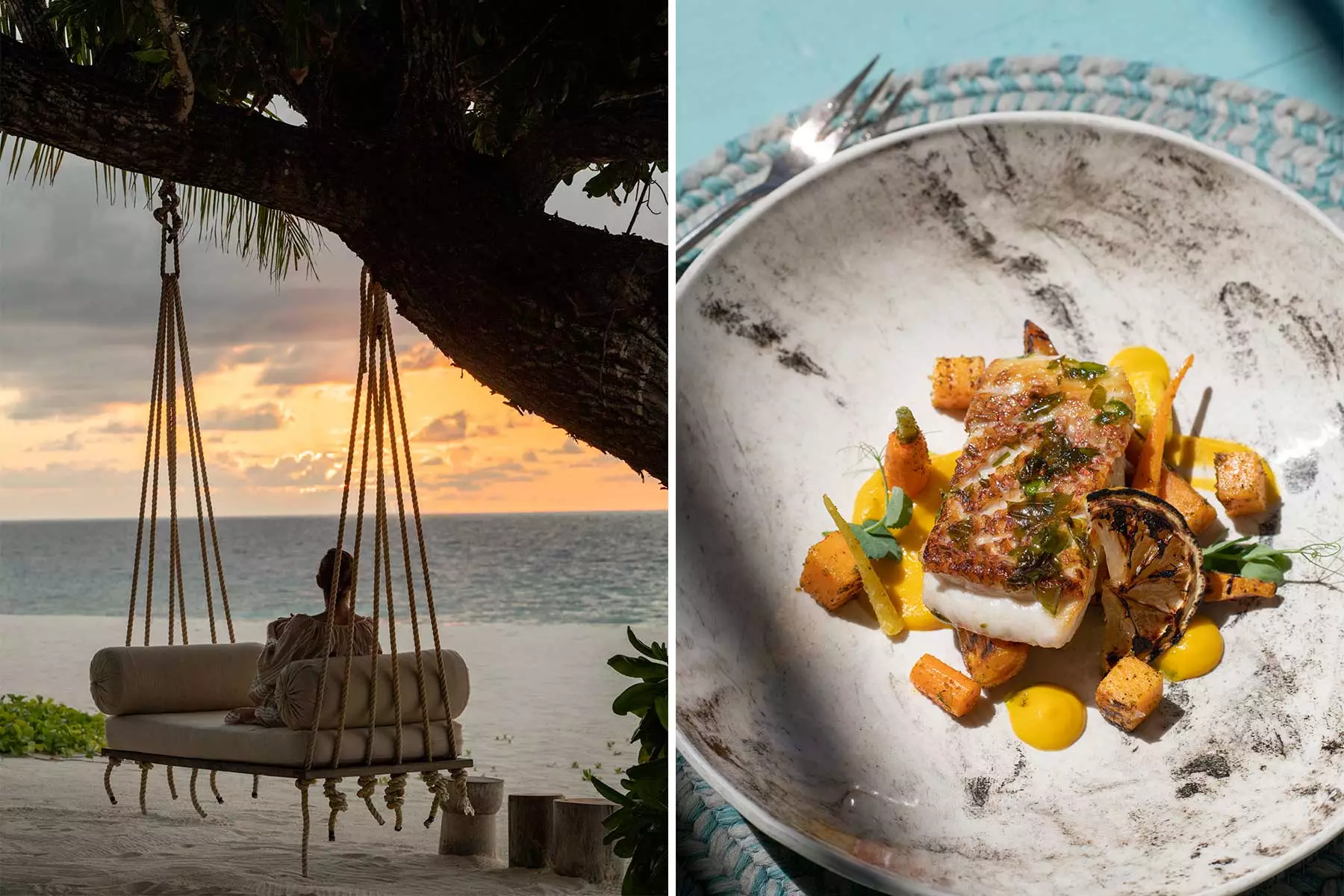 Dalawang eksena mula sa North Island Resort sa Seychelles, kabilang ang isang babaeng nakaupo sa isang daybed, at isang ulam ng isda at gulay