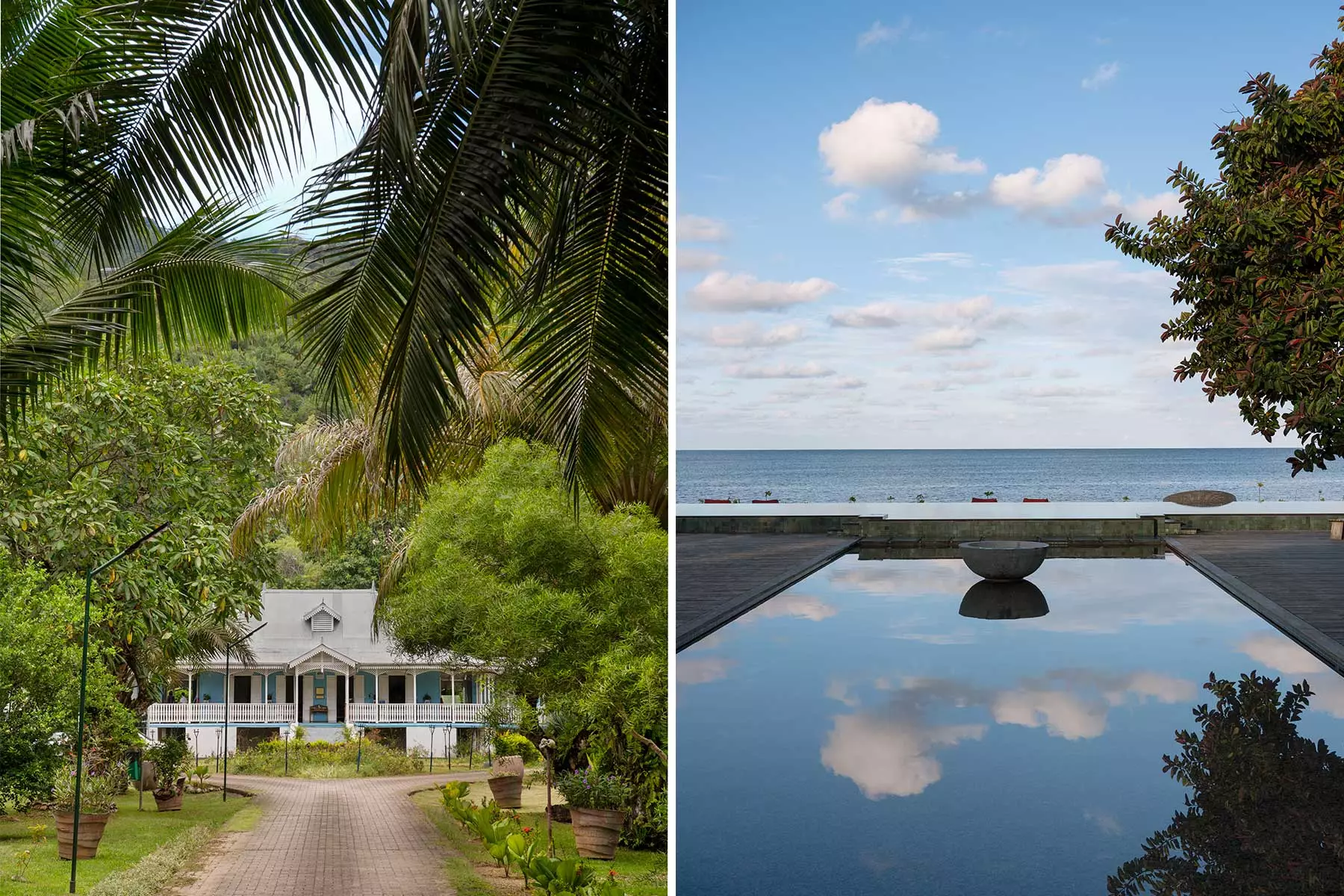 Dalawang eksena mula sa Seychelles, kabilang ang isang Creole-style na dating plantation house, at ang pool sa isang luxury resort