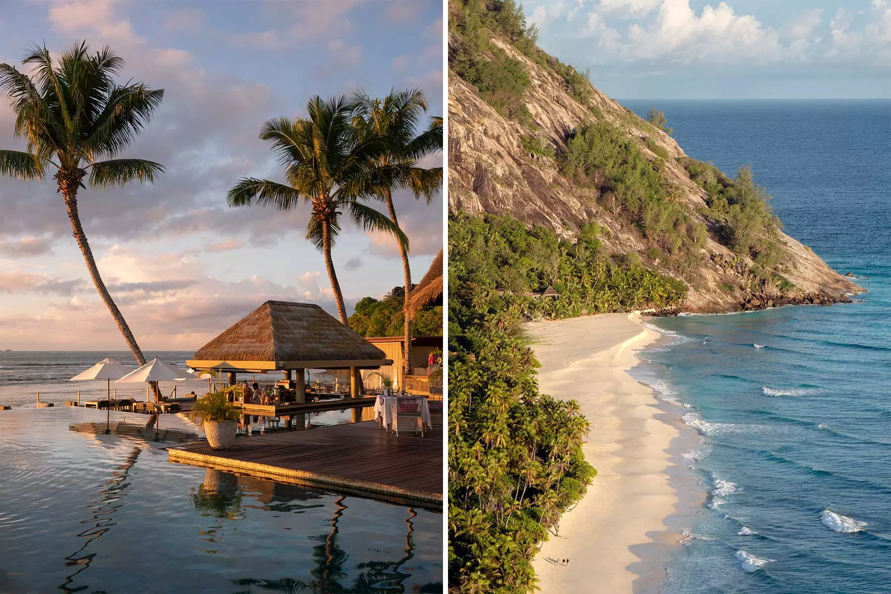 Dalawang larawan mula sa Seychelles, ang isa ay nagpapakita ng pool sa isang resort, at ang baybayin ng North Island