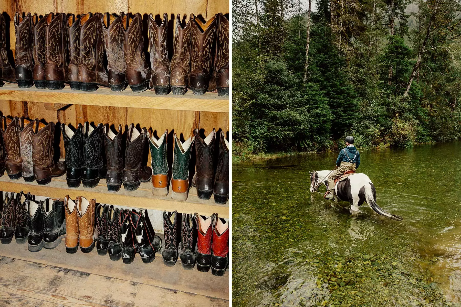 Duas fotos do Clayoquot Wilderness Lodge, mostrando botas nas prateleiras da sala de botas da propriedade e um homem andando a cavalo por um riacho