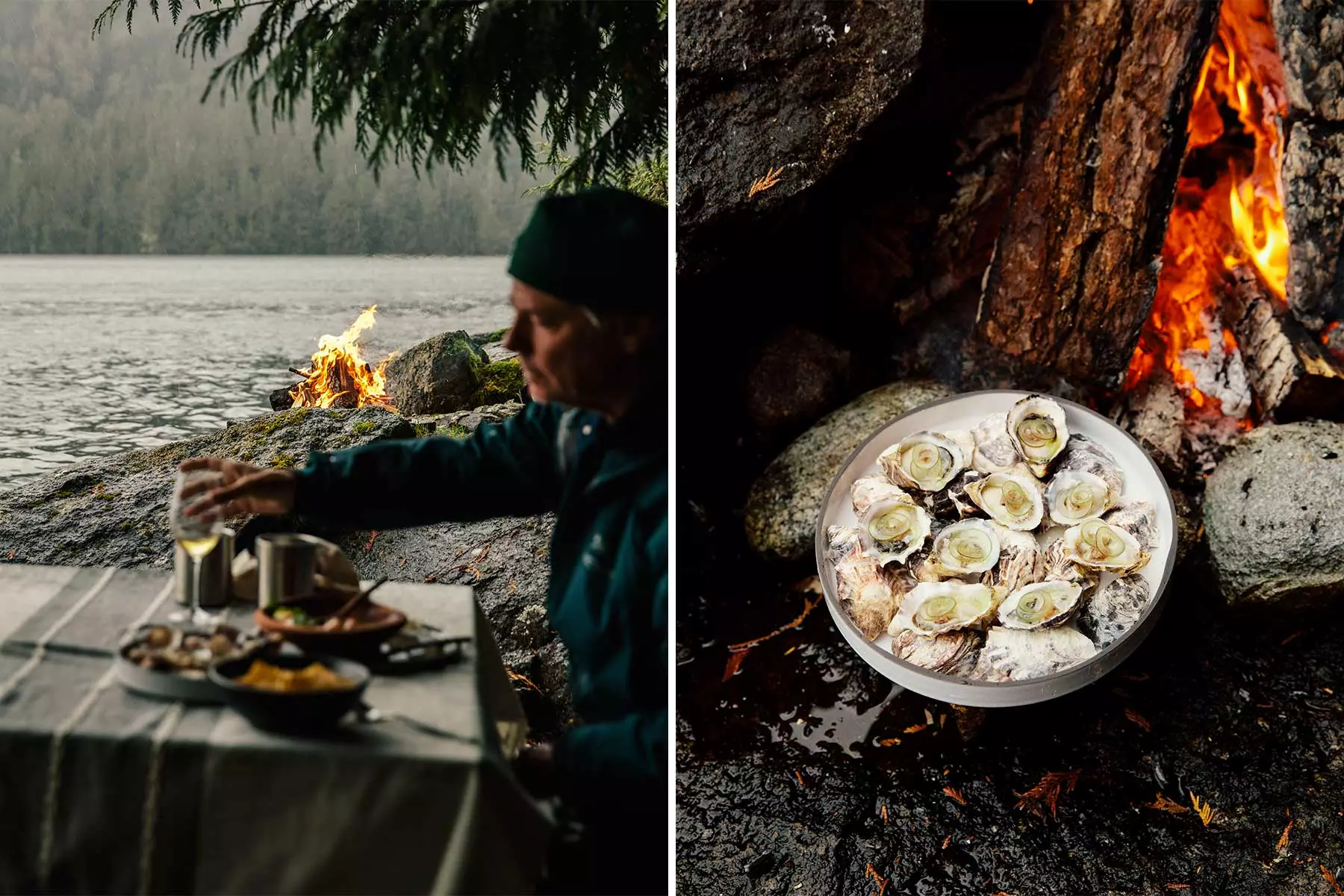 Duas fotos do Nimmo Bay Resort, no Canadá, mostrando um convidado jantando à beira d'água e ostras cozinhando em fogo a lenha