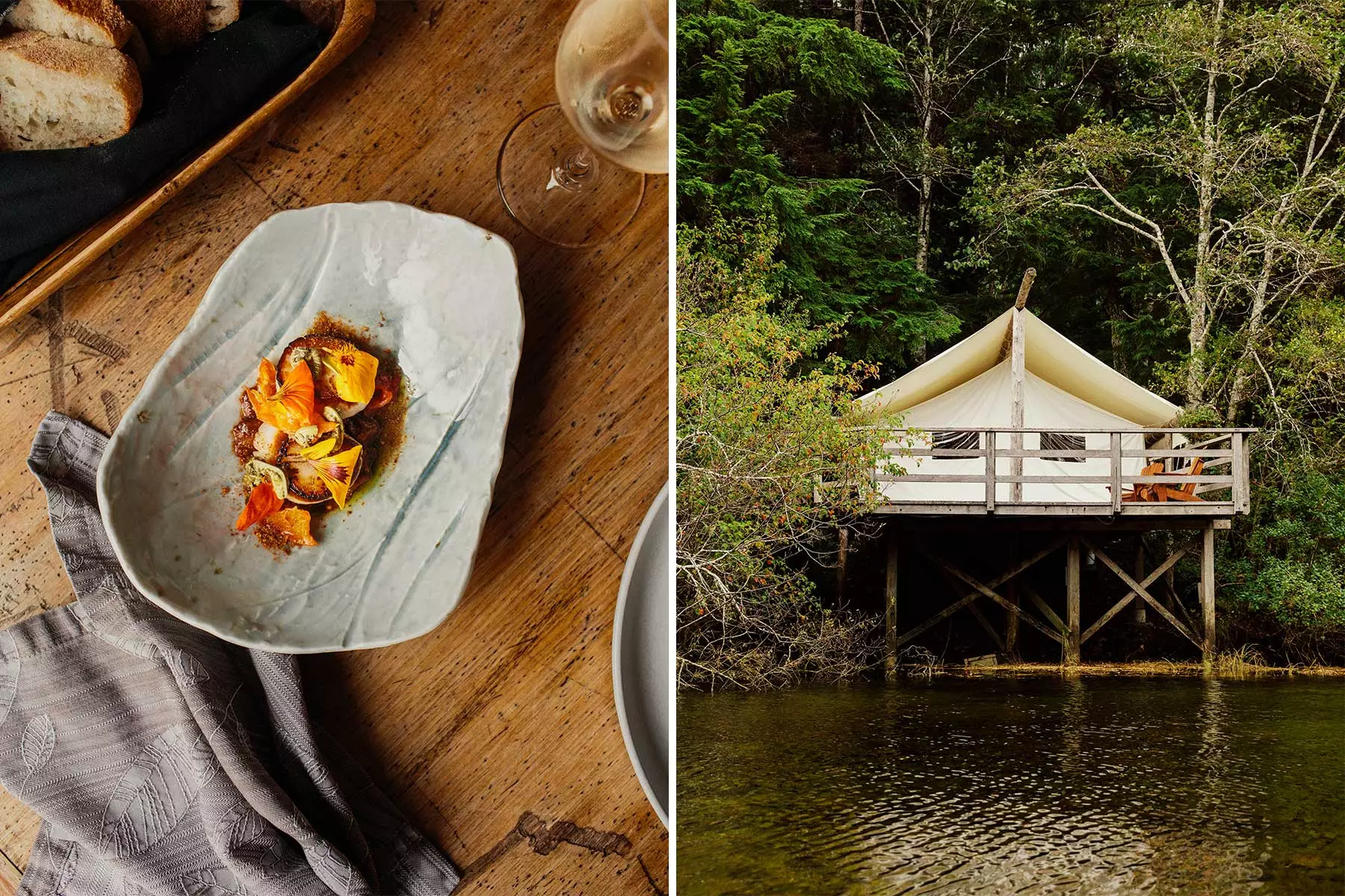 Fọto meji lati Clayoquot Wilderness Lodge, ti n ṣafihan satelaiti kan ni ile ounjẹ ohun asegbeyin ti, ati agọ alejo igbadun kan ti o ga lori pẹpẹ kan loke omi.