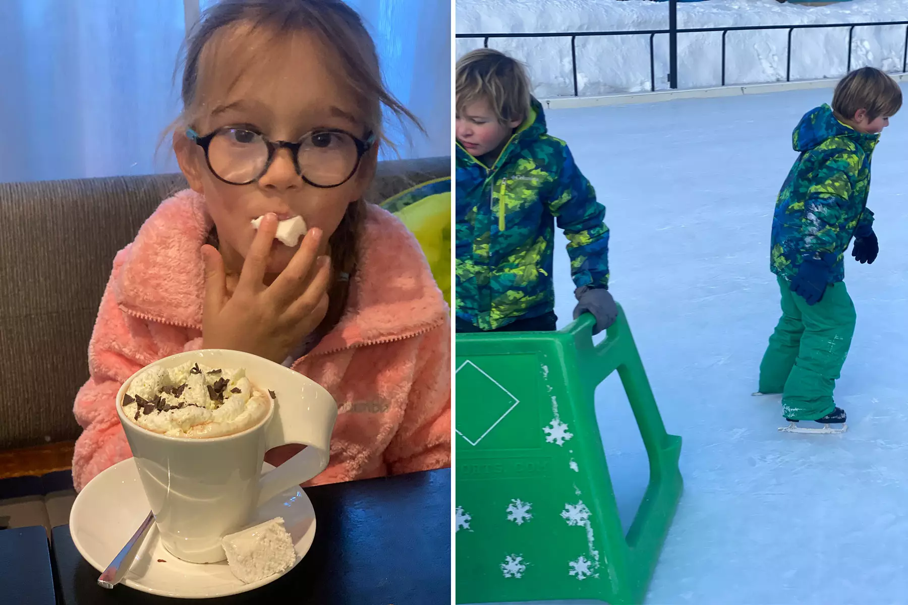 Da esquerda: Um chocolate quente da Taverna Ajax do The Little Nell's; Crianças patinando no gelo em Aspen