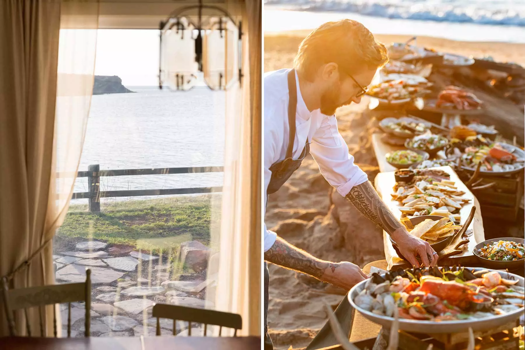 Par de fotos da illa de Cabo Bretón, incluíndo a vista desde o restaurante L'abri e unha cociña na praia