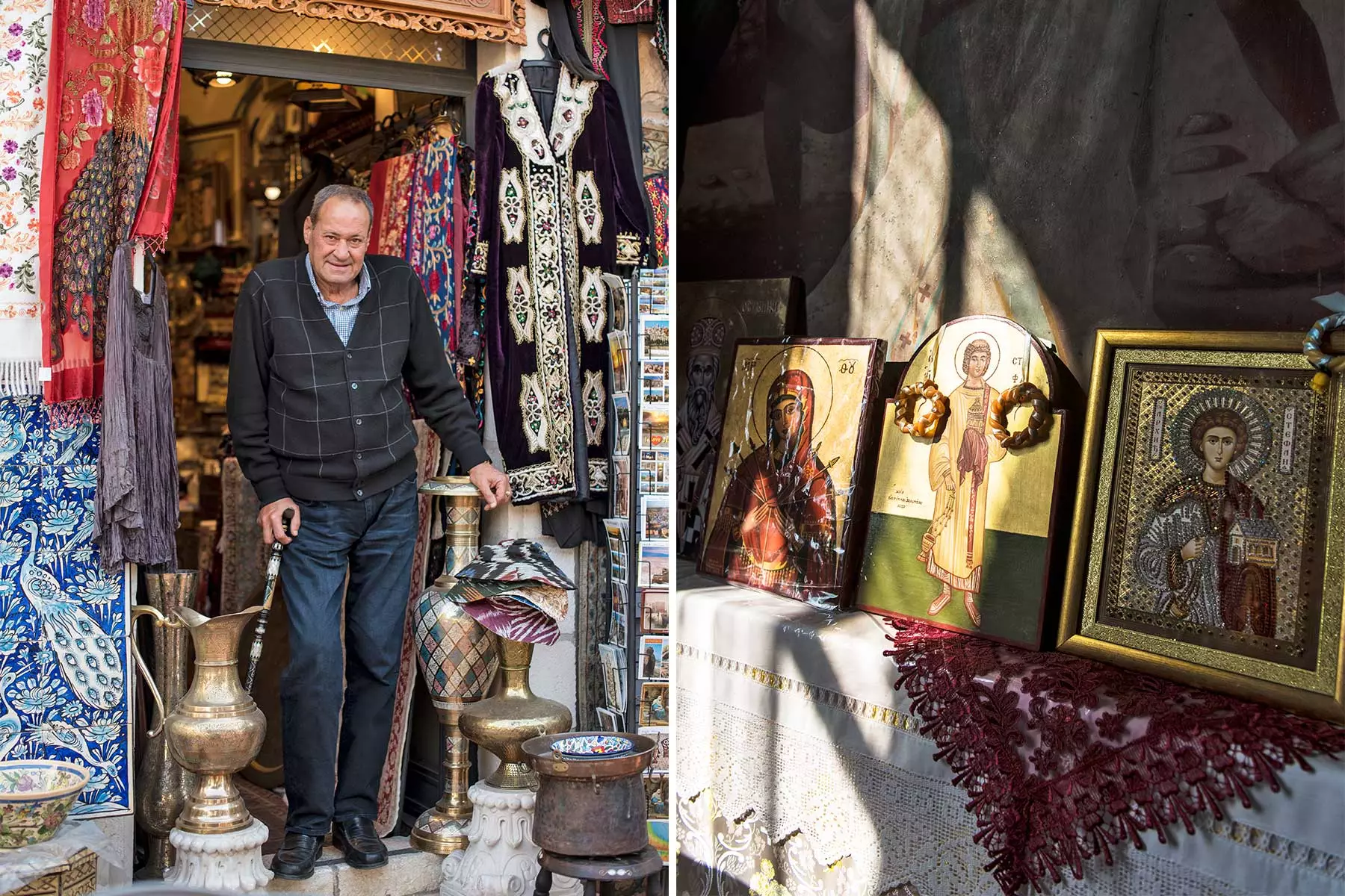 Scènes de Jérusalem : une photo montre un antiquaire ; l'un montre des œuvres d'art religieuses ensoleillées