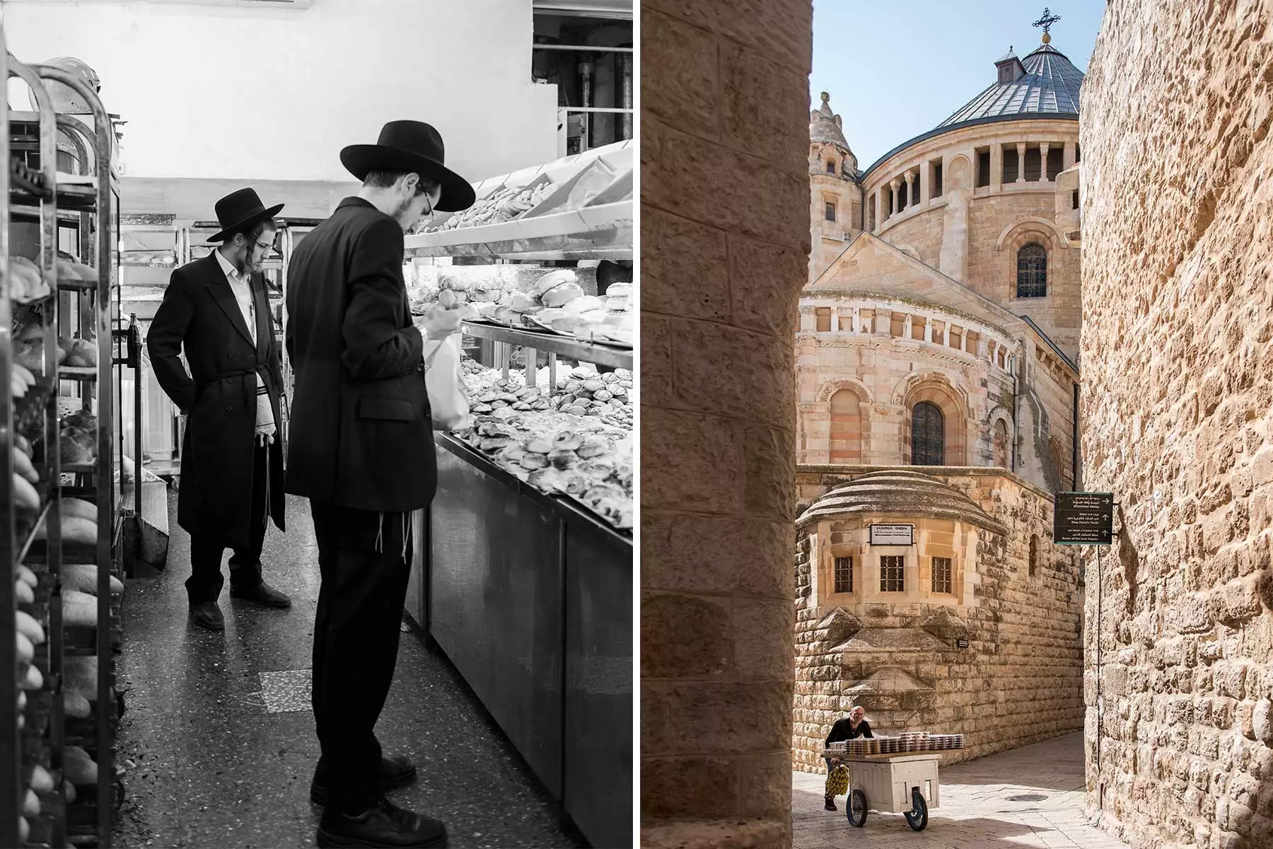 Scény z Jeruzaléma: černobílá fotografie zachycující ortodoxní židovské muže v pekárně; jedna fotografie ukazuje Dormition Abbey