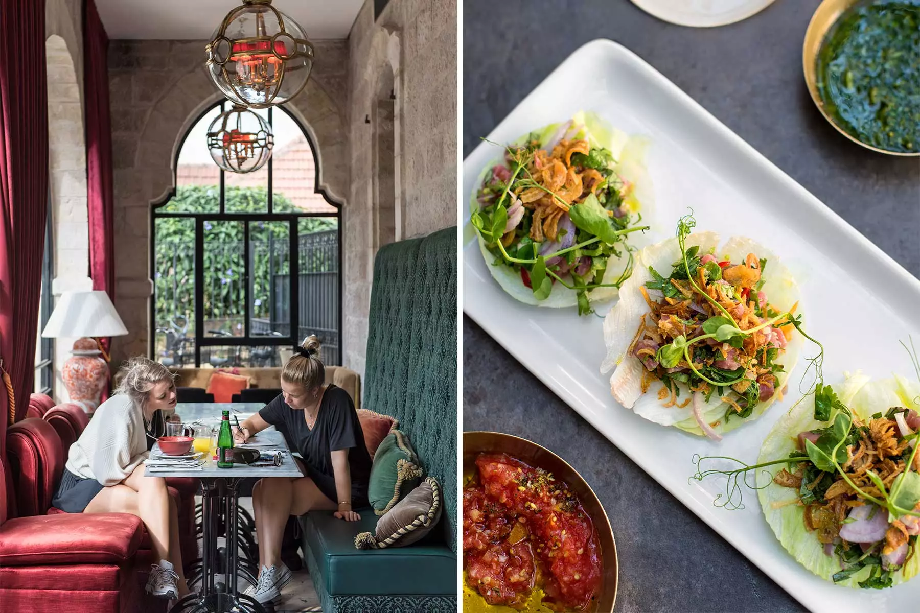 Scènes de Jérusalem : une photo montre des femmes prenant leur petit-déjeuner à l'hôtel Villa Brown ; l'un montre un plat de thon enveloppé dans de la laitue au restaurant Satya