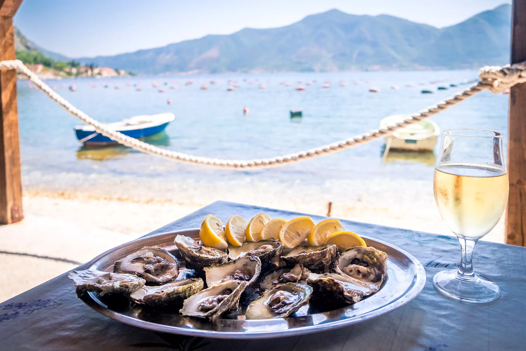 Oysters katika sahani nyeupe na limao na glasi ya divai huko Kotor, Montenegro