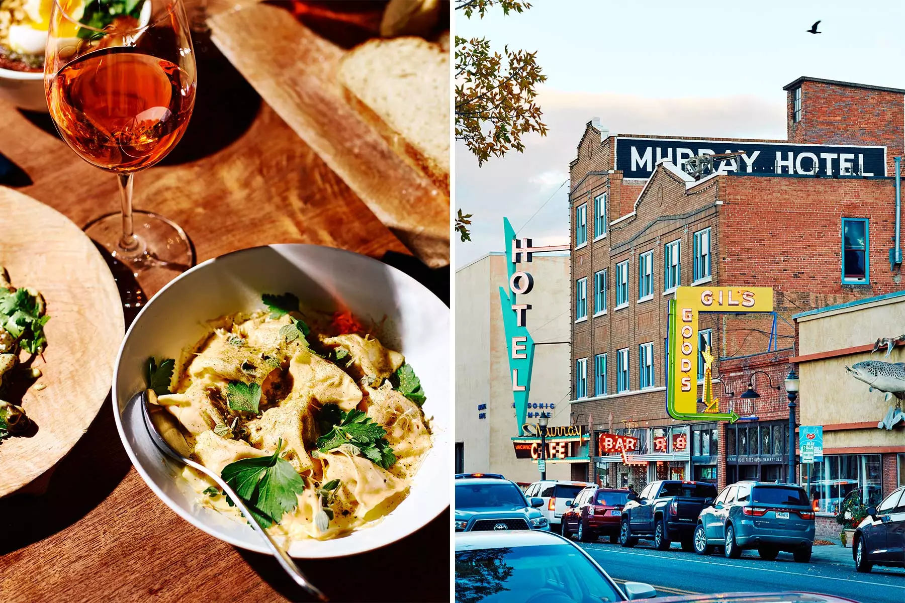 Zwei Fotos zeigen ein Nudelgericht mit Wein und eine Straßenszene in Livingston, Montana