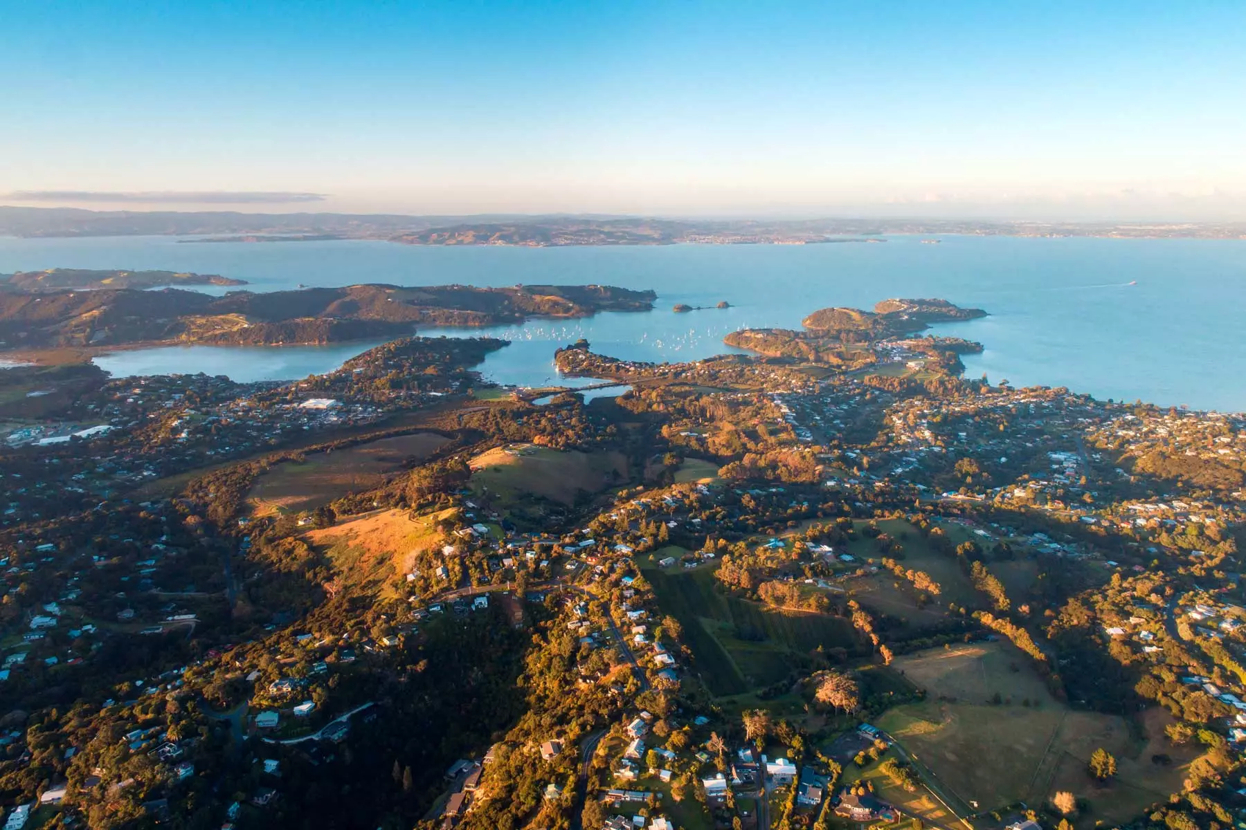 Waiheke टापुबाट अकल्याण्ड शहरमा हेर्दै।