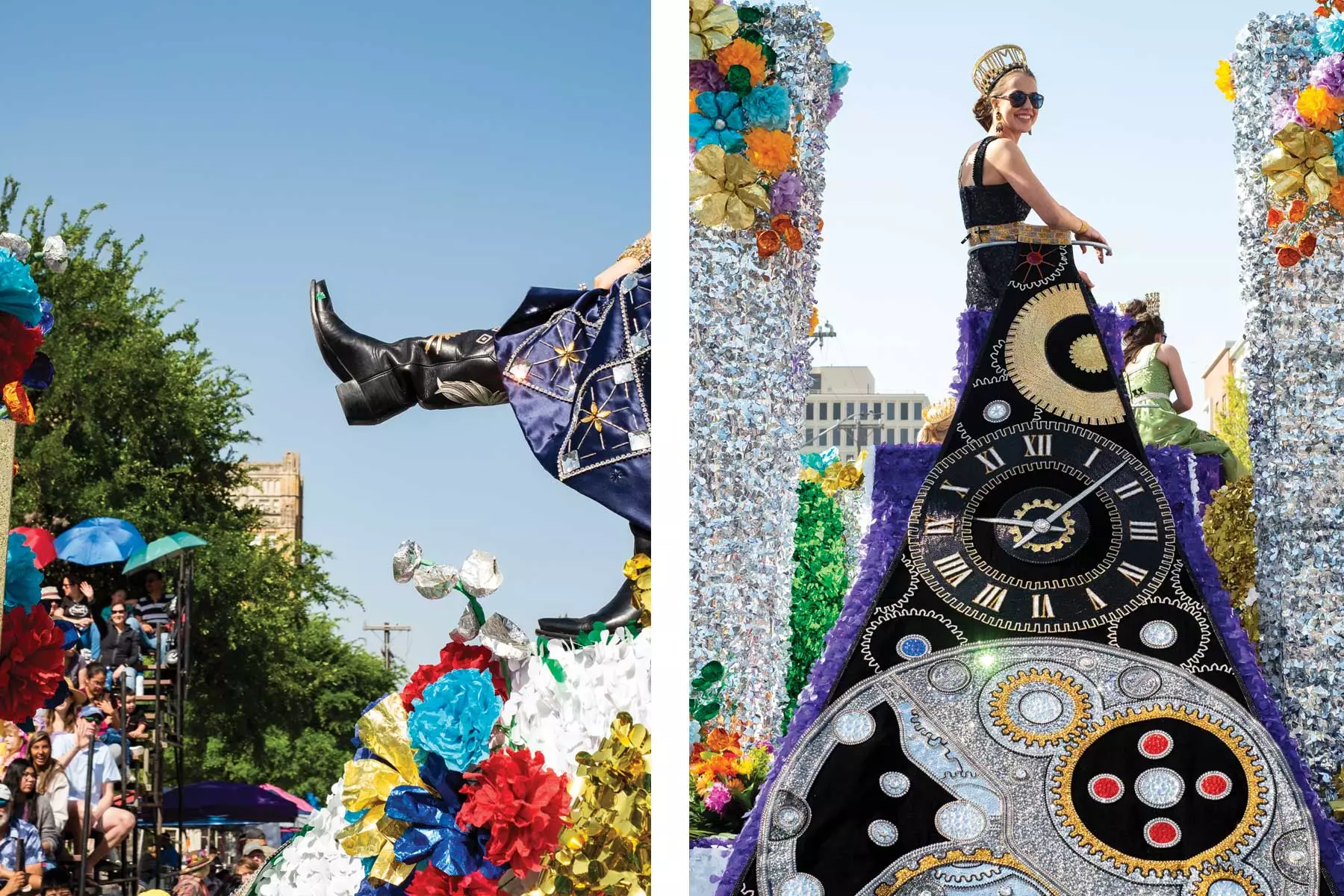 Una duquesa de la corte muestra sus zapatos a la multitud y la duquesa de precisión inigualable en su carroza durante el desfile.