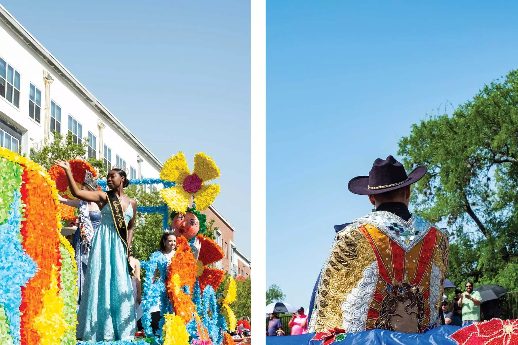 Zwei Bilder, die Fiesta-Könige auf Paradewagen zeigen.