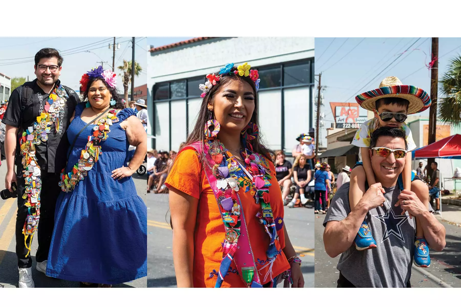 Tres imágenes, todas mostrando personas que asistieron al desfile de la batalla de las flores.