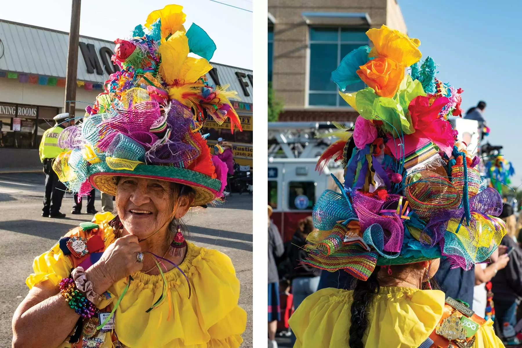 Una mujer viste un elaborado sombrero de fiesta para el desfile.