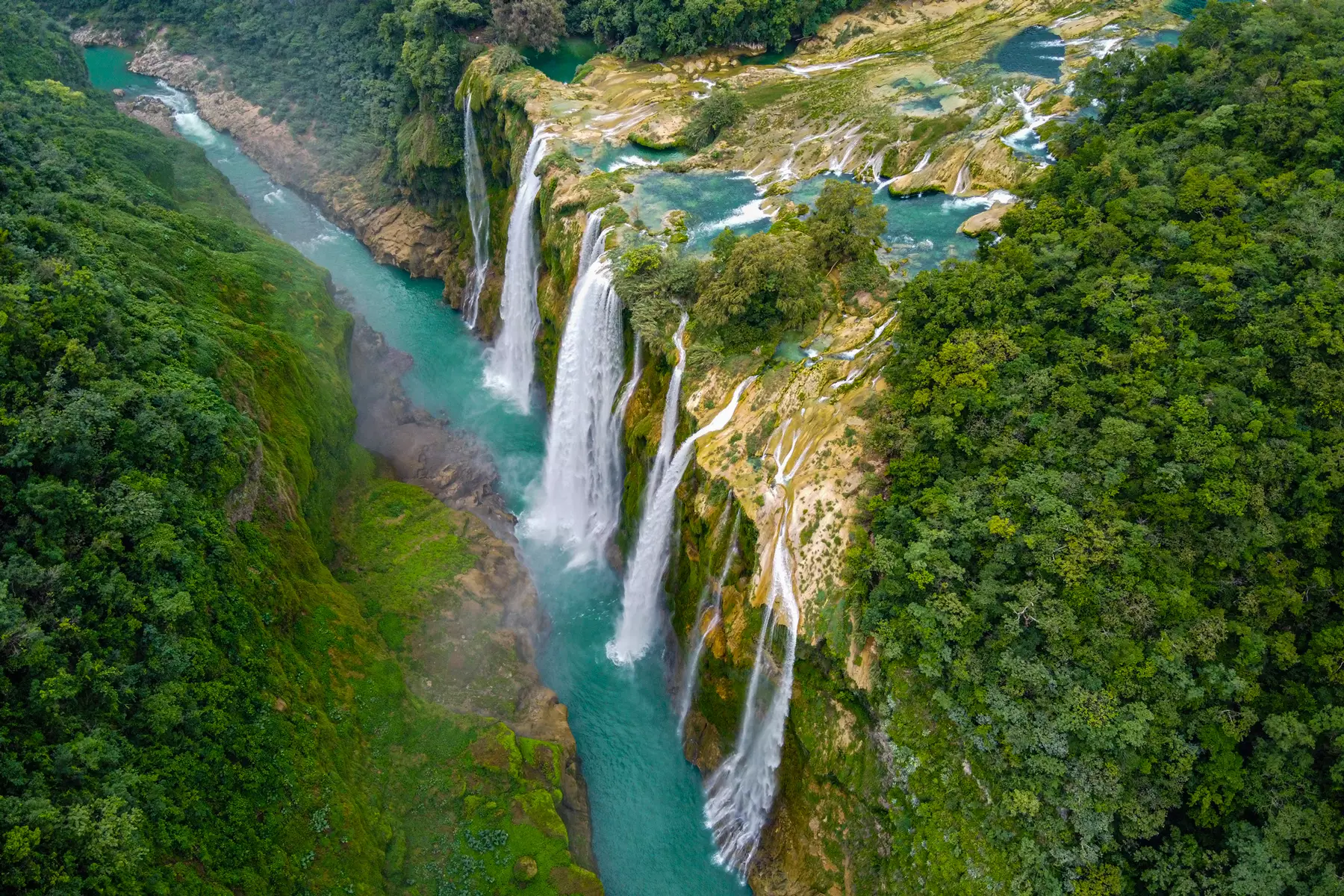Aerial sa Tamul waterfalls, Huasteca Potosi, San Luis Potosi, Mexico, North America