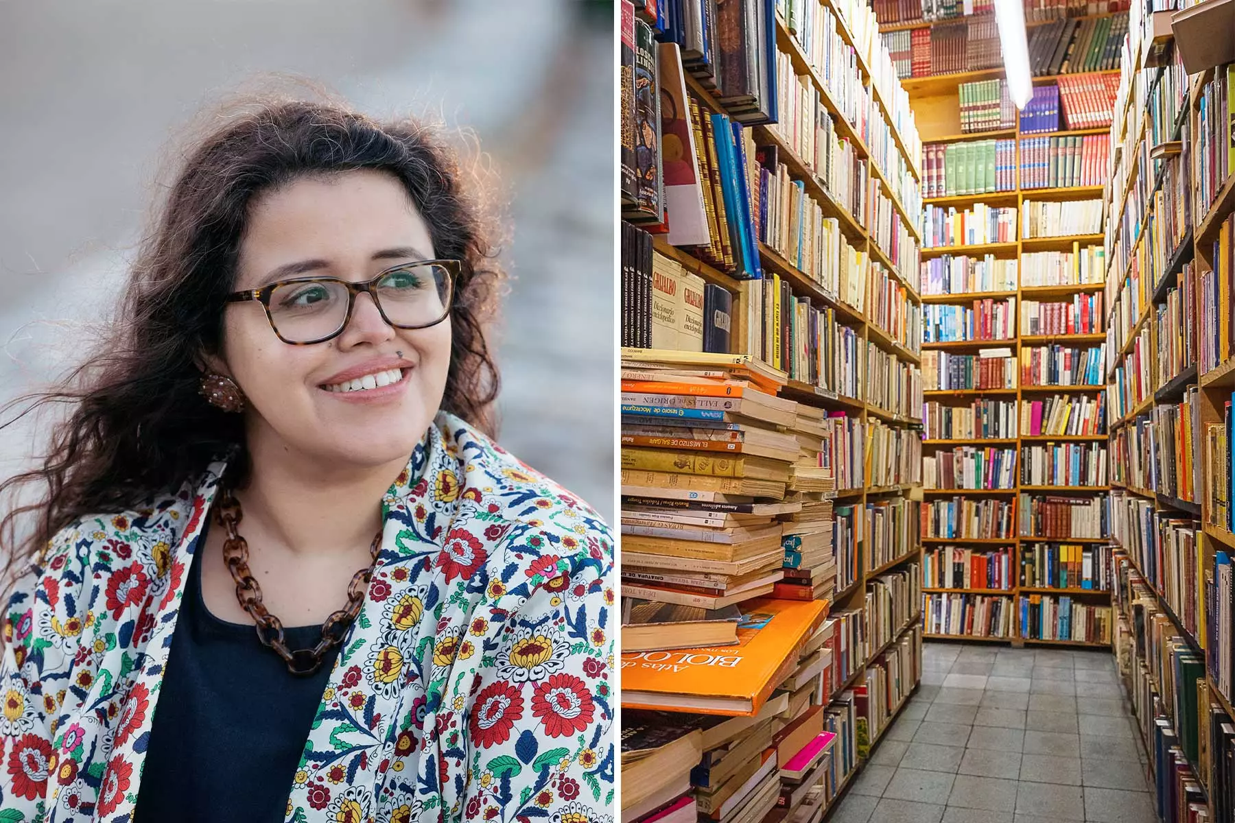 Pares ng mga larawan na nagpapakita ng manunulat na si Silvia Moreno-Garcia at ang mga naka-pack na istante sa isang ginamit na bookstore sa Mexico