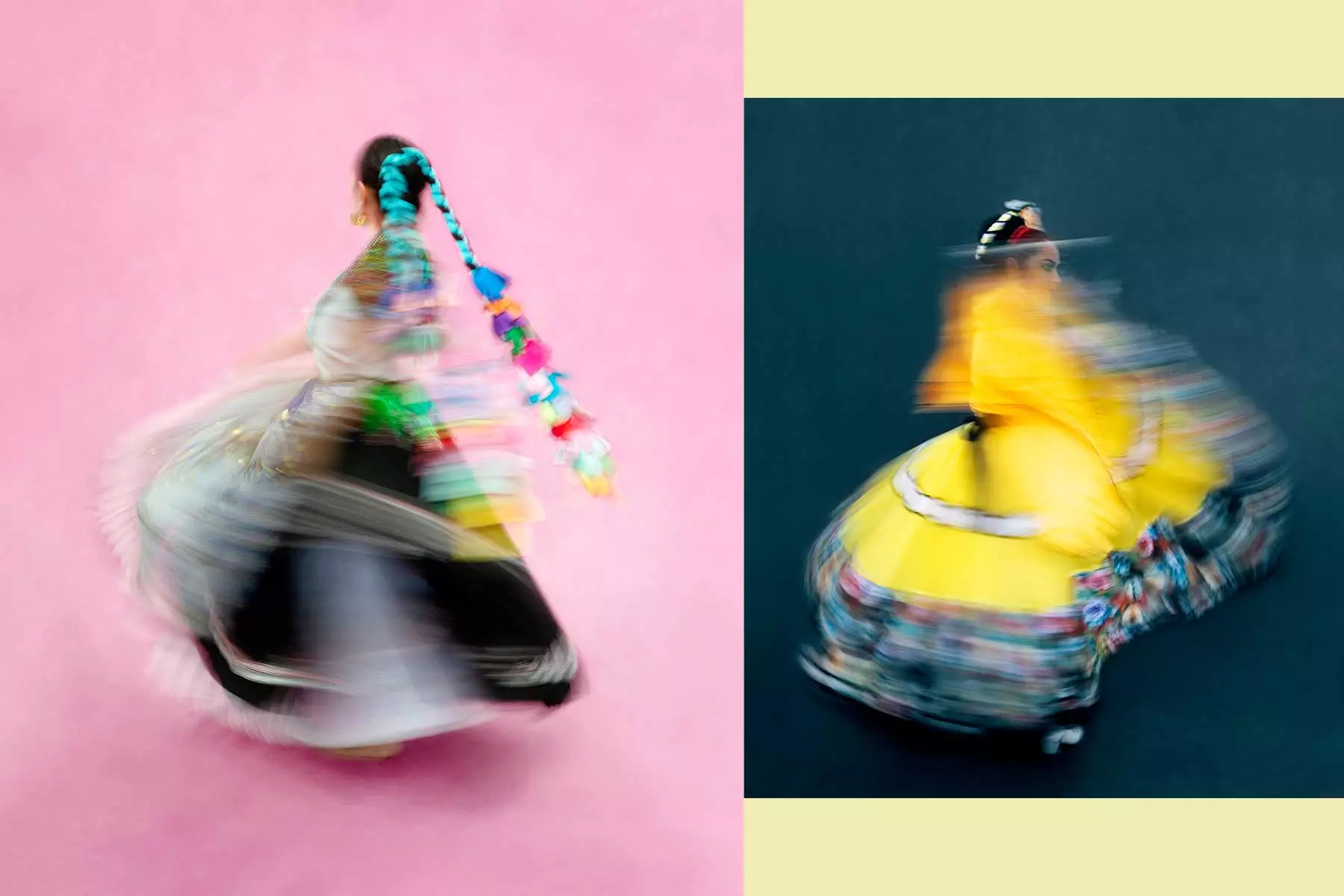 Dvije fotografije prikazuju plesačice u pokretu koje nose tradicionalne haljine iz Nayarita u Meksiku