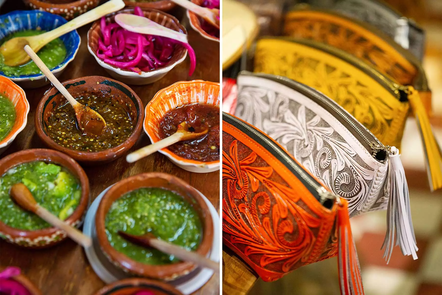 Dve fotografie z Guadalajary v Mexiku zobrazujúce domáce salsy a detaily opracovaných kožených tašiek
