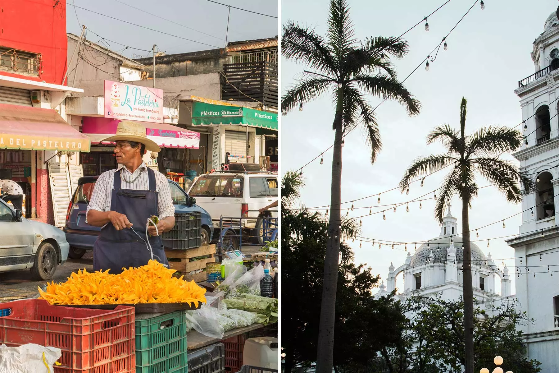 Prizori iz regije Veracruz v Mehiki, vključno s prodajalcem na tržnici, in lučmi, napetimi nad mestnim trgom pred cerkvijo