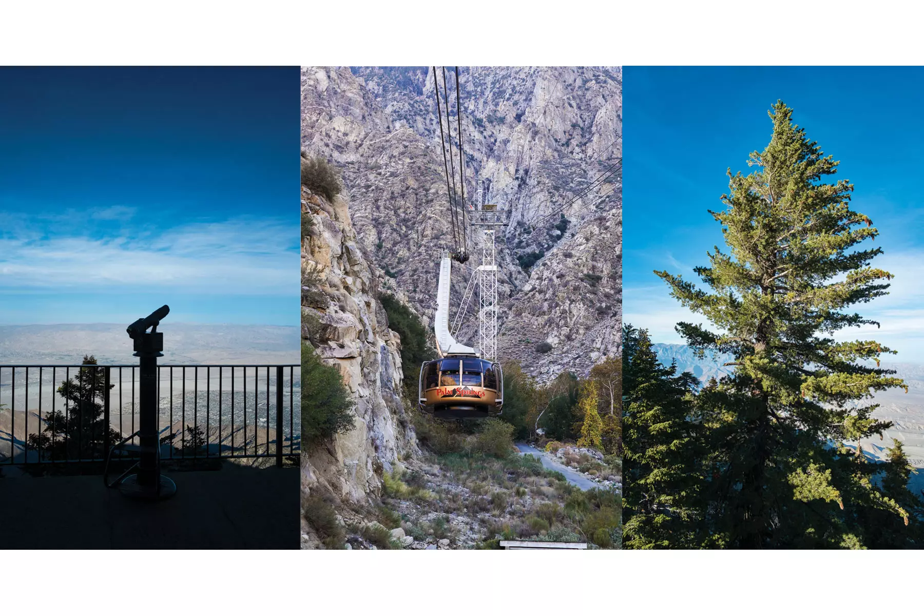 Akopọ ti awọn fọto mẹta, awọn iwo lati oke ti Palm Springs Aerial Tramway ati ọkọ ayọkẹlẹ tramway ti o wa ni ọna soke si oke Oke San Jacinto.