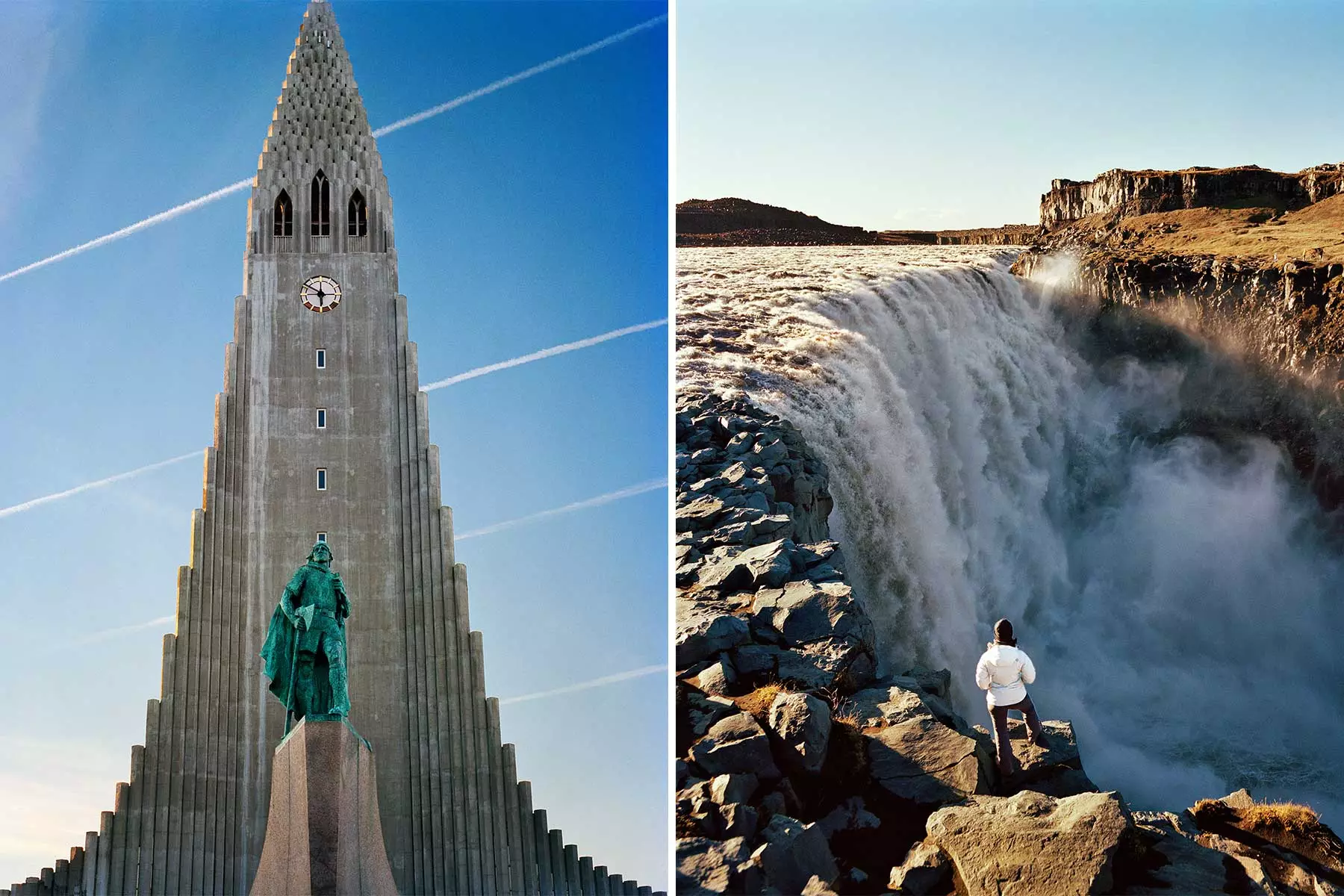 Sepasang foto dari Iceland, menunjukkan gereja ikonik dan seseorang di hadapan air terjun