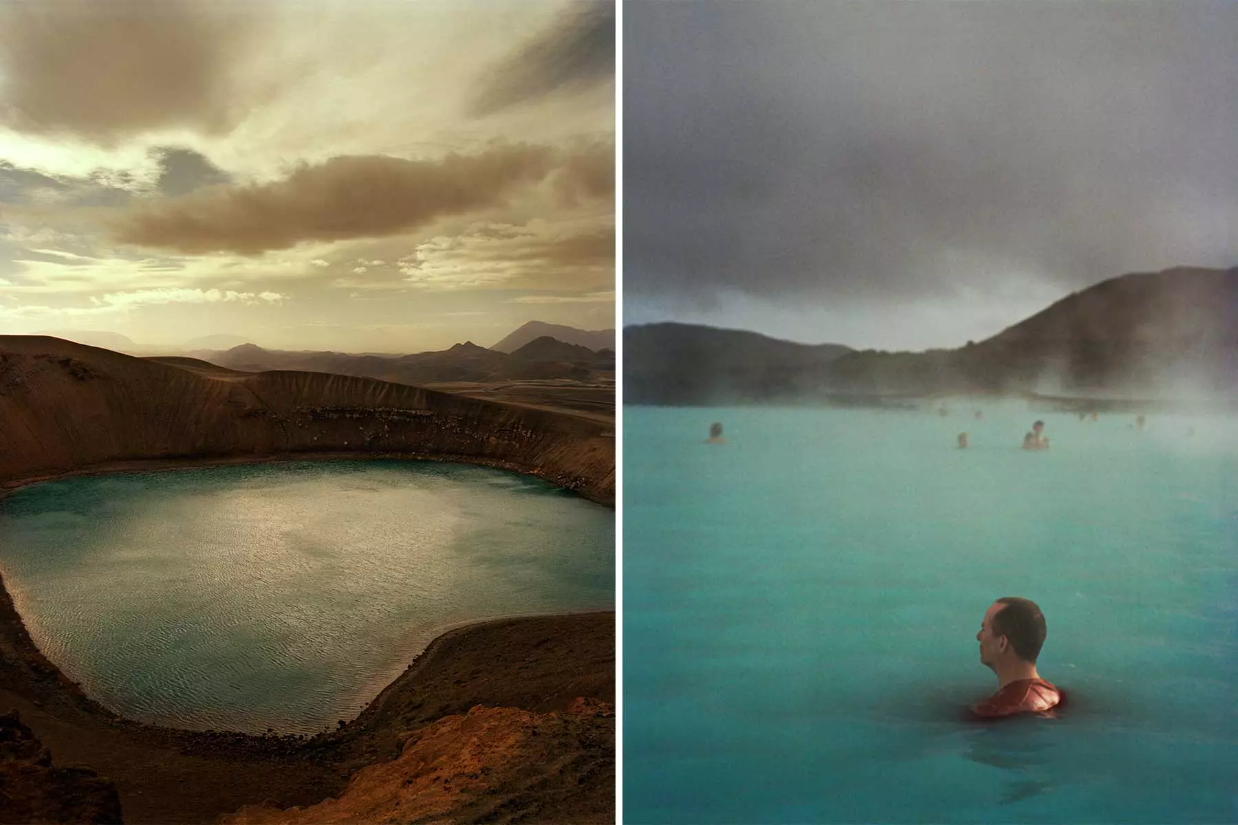 Sepasang foto dari Islandia, menunjukkan danau kawah dan Laguna Biru