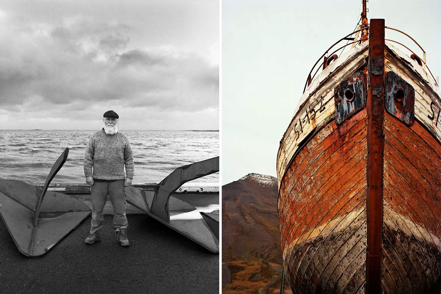 Pāris fotogrāfiju no Islandes, kurā redzams zvejnieks melnbaltā apģērbā un sarkanas laivas tuvplāns