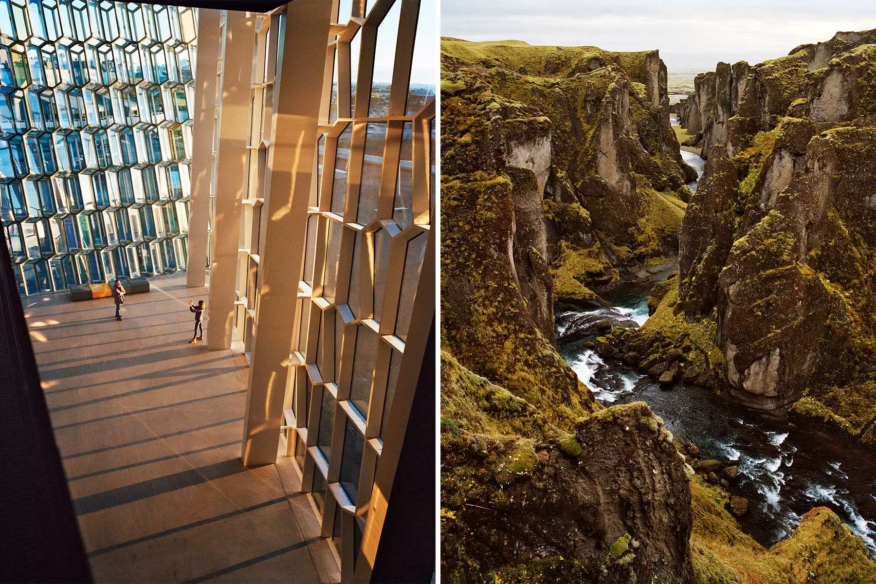 Paar foto's uit IJsland, met het interieur van de moderne concertzaal Harpa en een met mos bedekte canyon