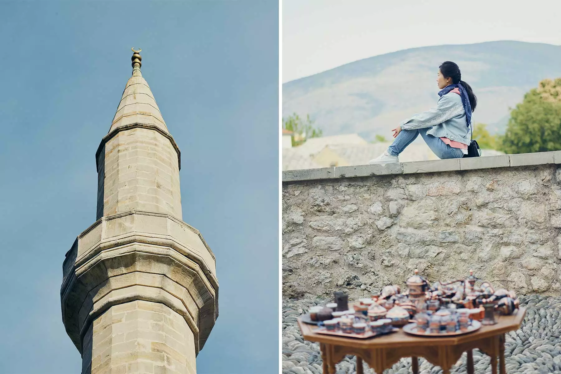 Боснийн Мостар хотын дүр зураг, тэр дундаа Хуучин хотын сүм, жуулчин зэрэг