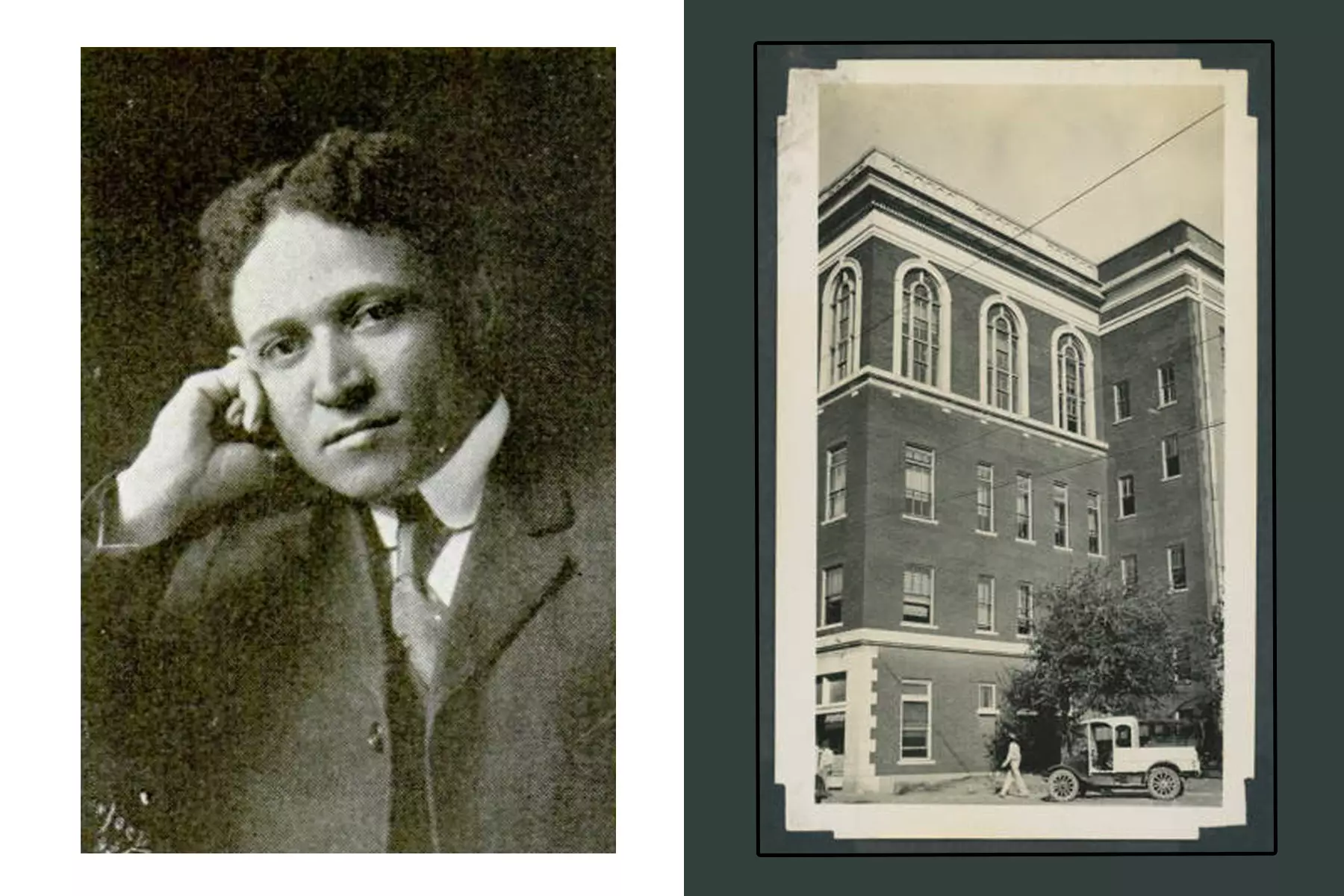 Esquerda: Arquitecto William Sidney Pittman en 1916. Dereita: O exterior do templo do cabaleiro de Pythias en Dallas, Texas, deseñado por Pittman.