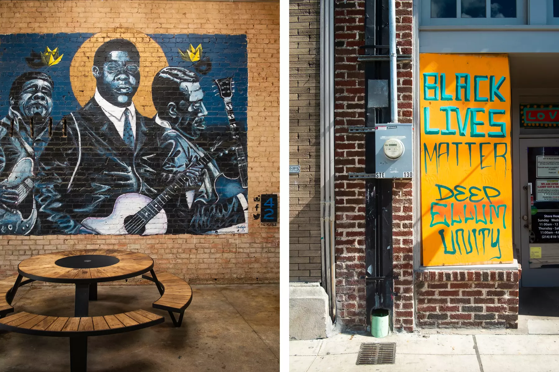 Kuruboshwe: Radiator Alley mural inoratidza vaimbi vejazz vane mukurumbira Freddie King, Blind Lemon Jefferson, naTBone Walker, akambotamba munharaunda yeDallas. Kurudyi: Mural yeBlack Lives Matter inoonekwa muDeep Ellum munaChikunguru 23.