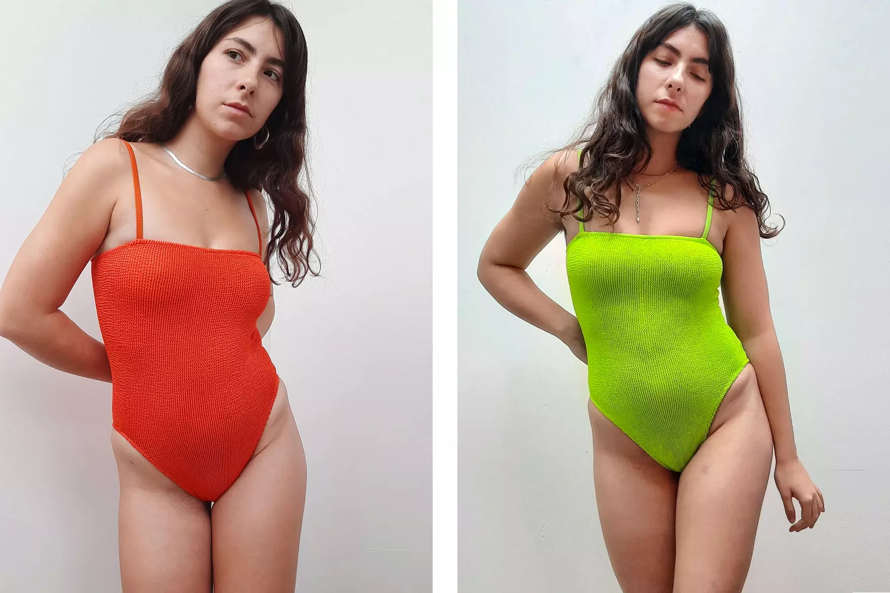 Vakadzi vakapfeka hembe dzvuku ne lime green one piece swimsuits