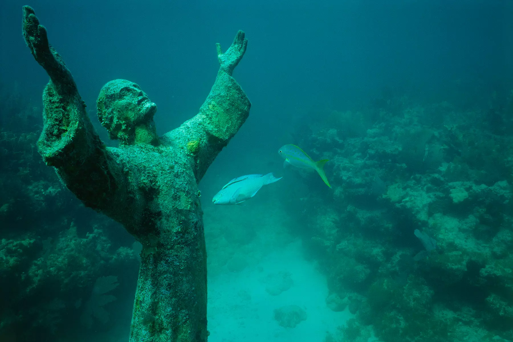 Brązowa statua Chrystusa w parku rafy koralowej Johna Pennekampa.