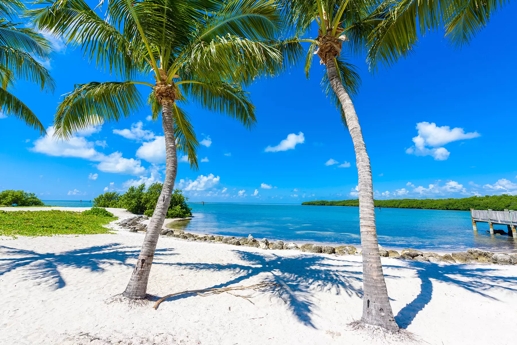 Sombrero Beach na may mga puno ng palma sa Florida Keys, Marathon, Florida, USA. Tropical at paraiso na destinasyon para sa bakasyon.