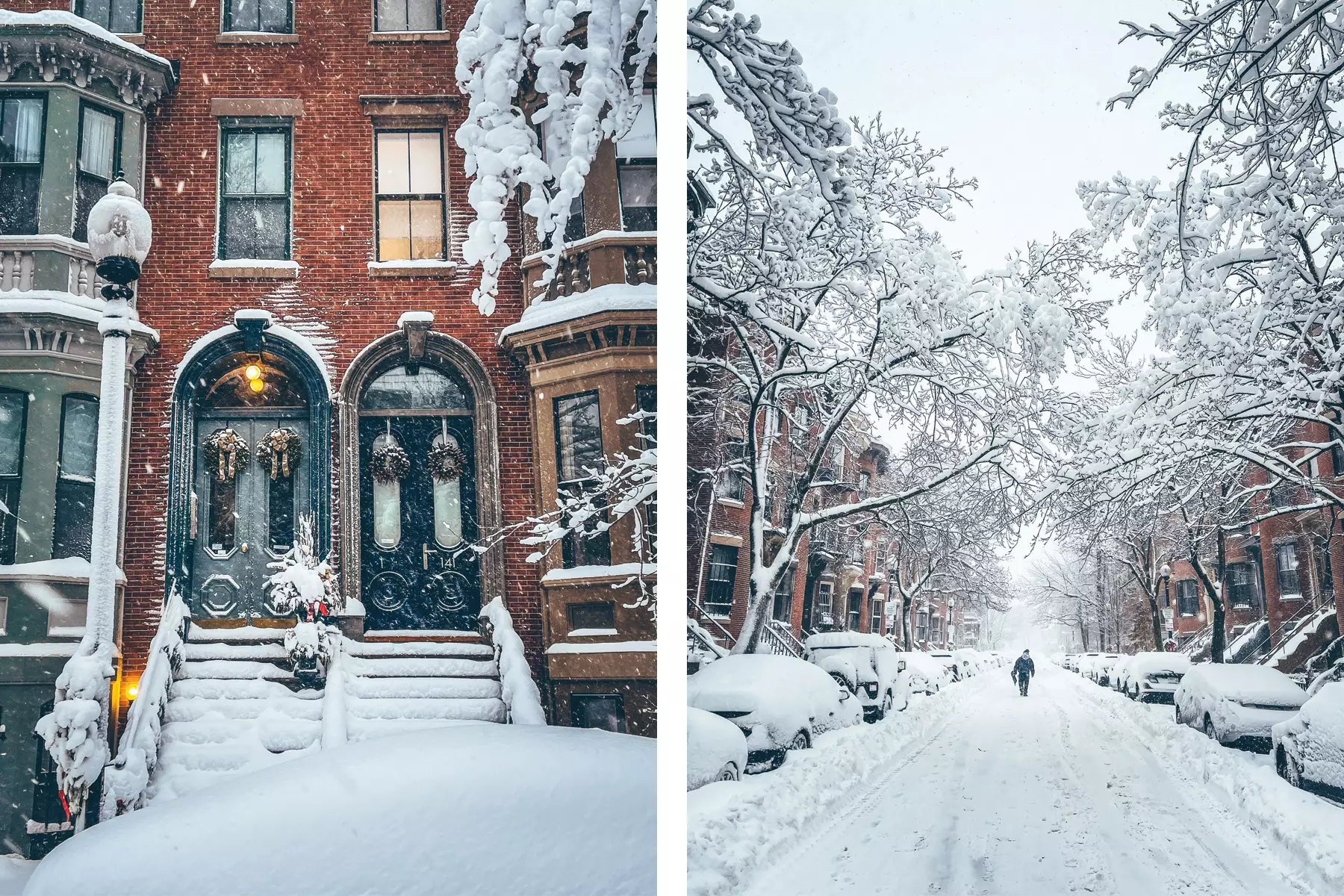 Les fotografies de la neu de Neal Kumar, un carrer nevat ple d'arbres i pedres marrons