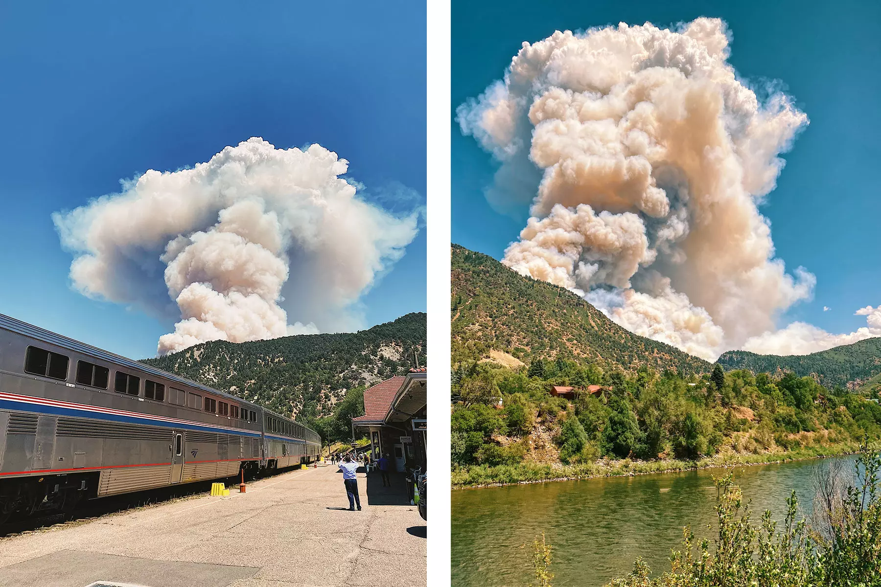 Vista de montañas y humo del tren.