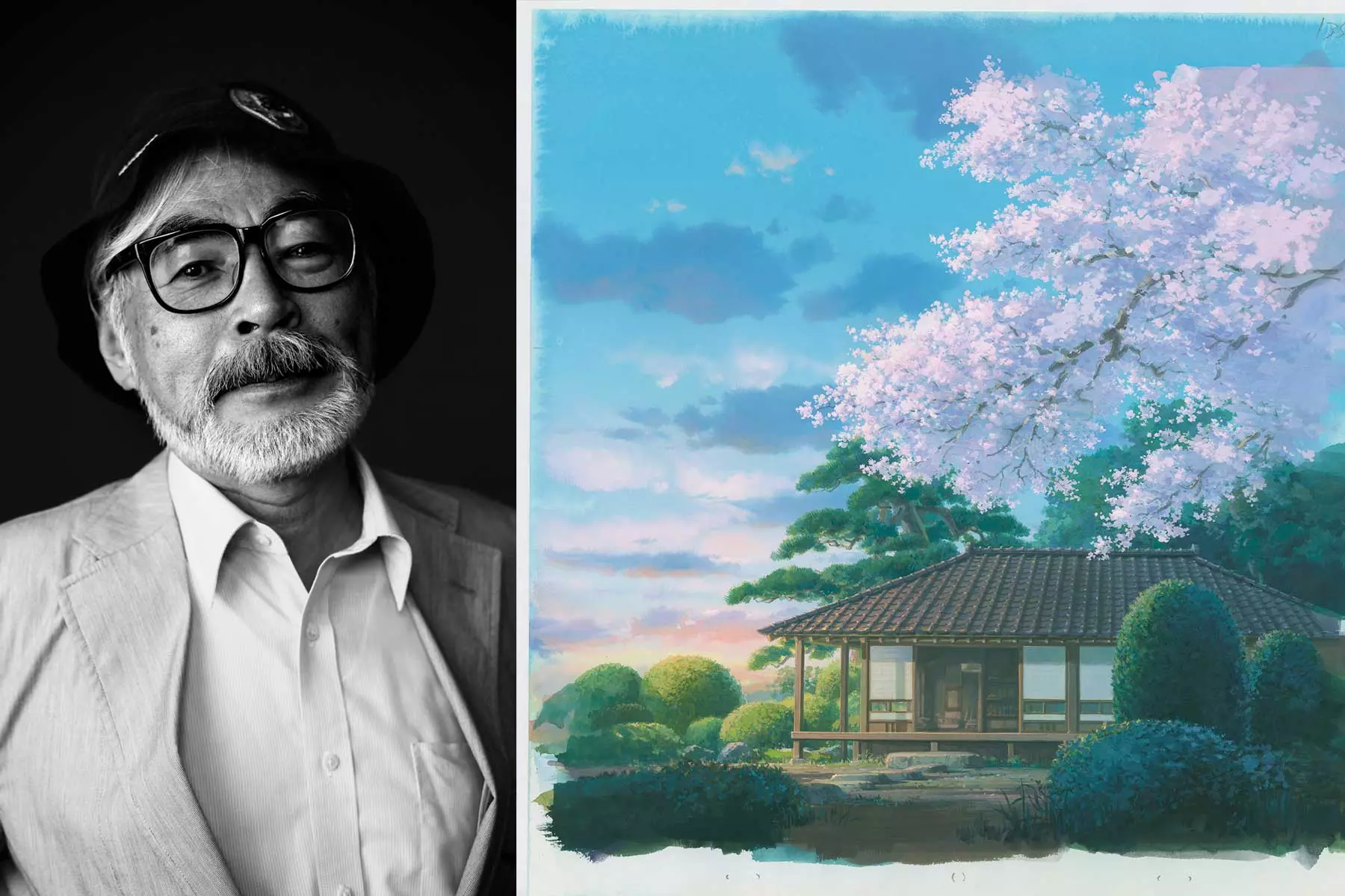 Ifoto emnyama nemhlophe kaHayao Miyazaki kunye nomzobo we-watercolor ovela kwifilimu, Umoya Uphakama