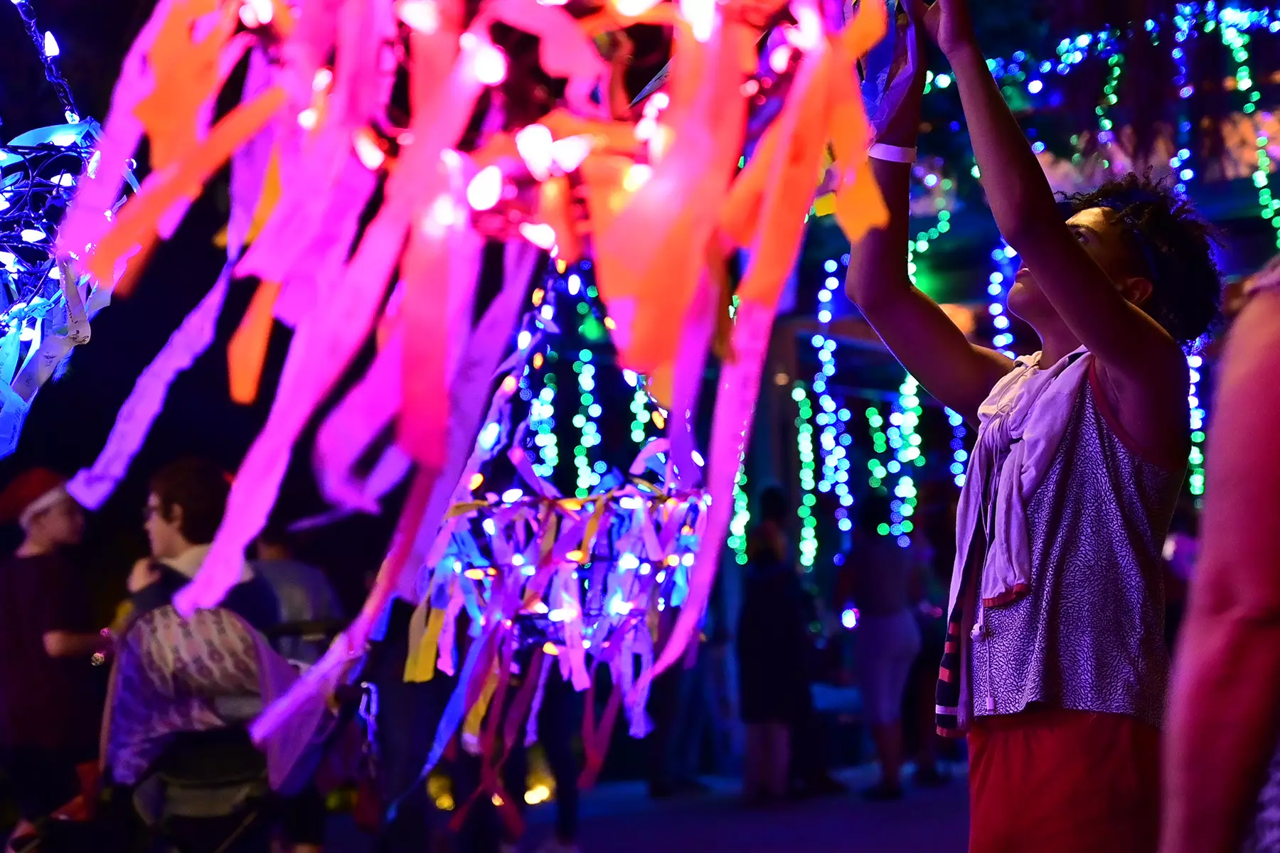 Een vrouw die een boomlint knoopt van Lights in Bloom in de Marie Selby Botanical Gardens